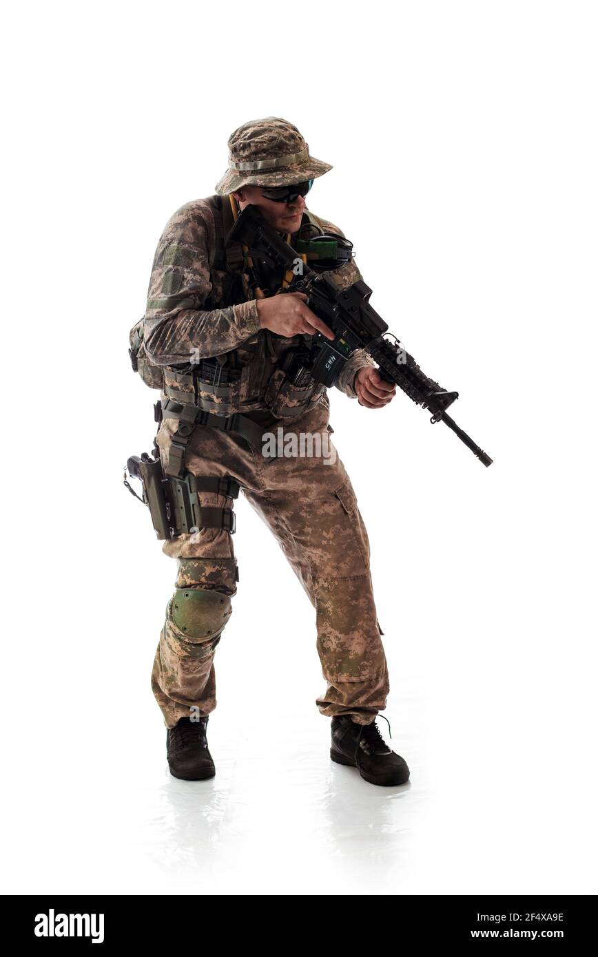 man in military outfit of the American trooper in modern times on a ...