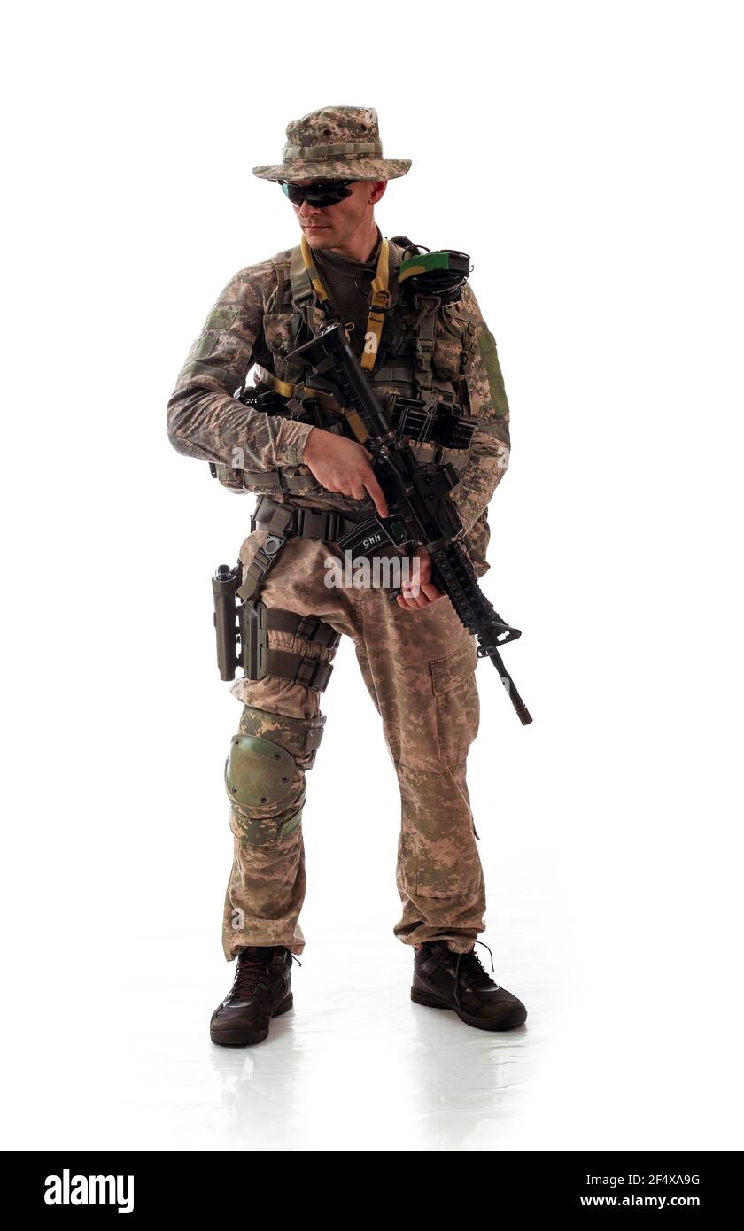 man in military outfit of the American trooper in modern times on a ...