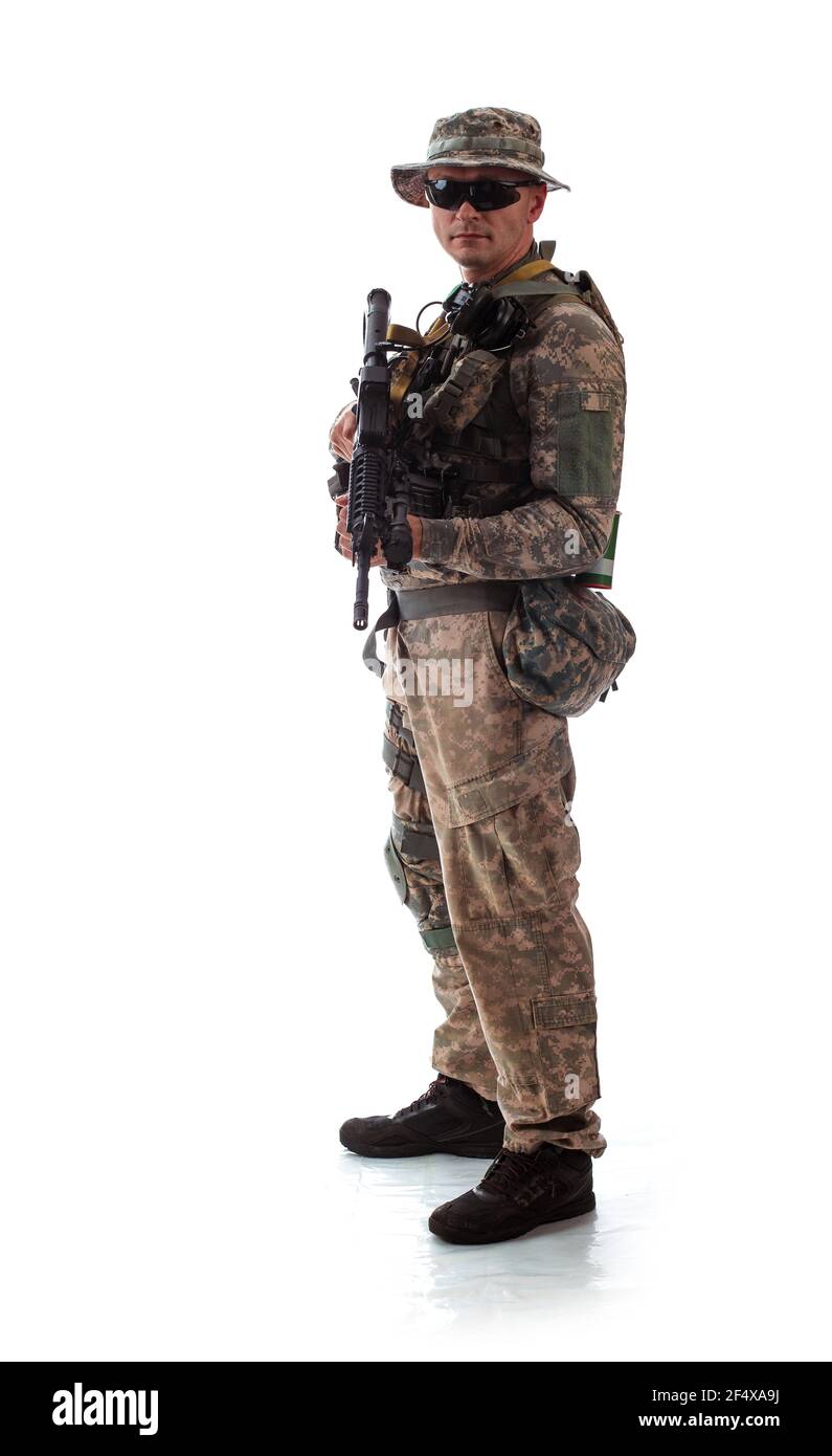 man in military outfit of the American trooper in modern times on a ...