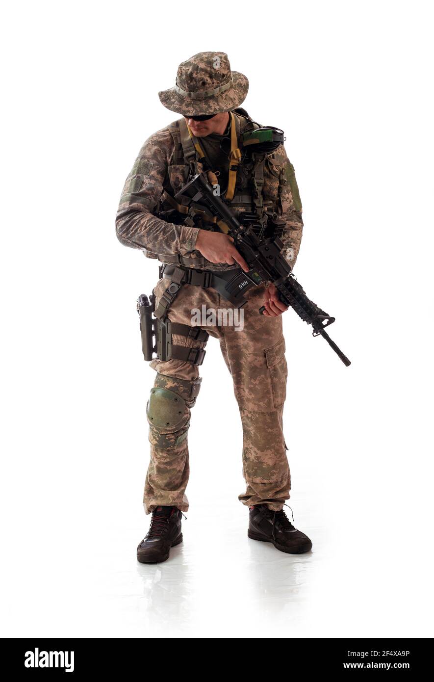 man in military outfit of the American trooper in modern times on a ...