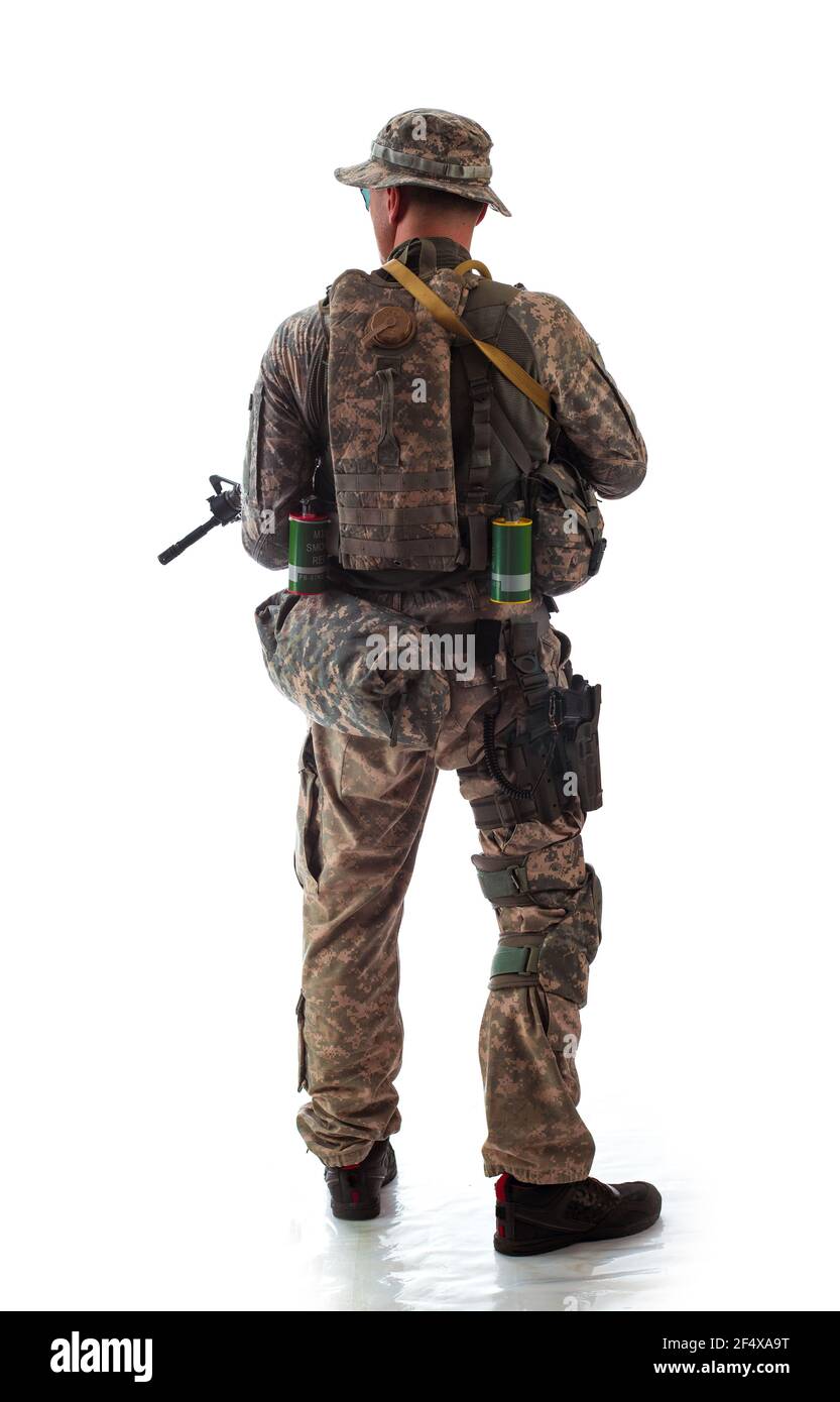 man in military outfit of the American trooper in modern times on a ...