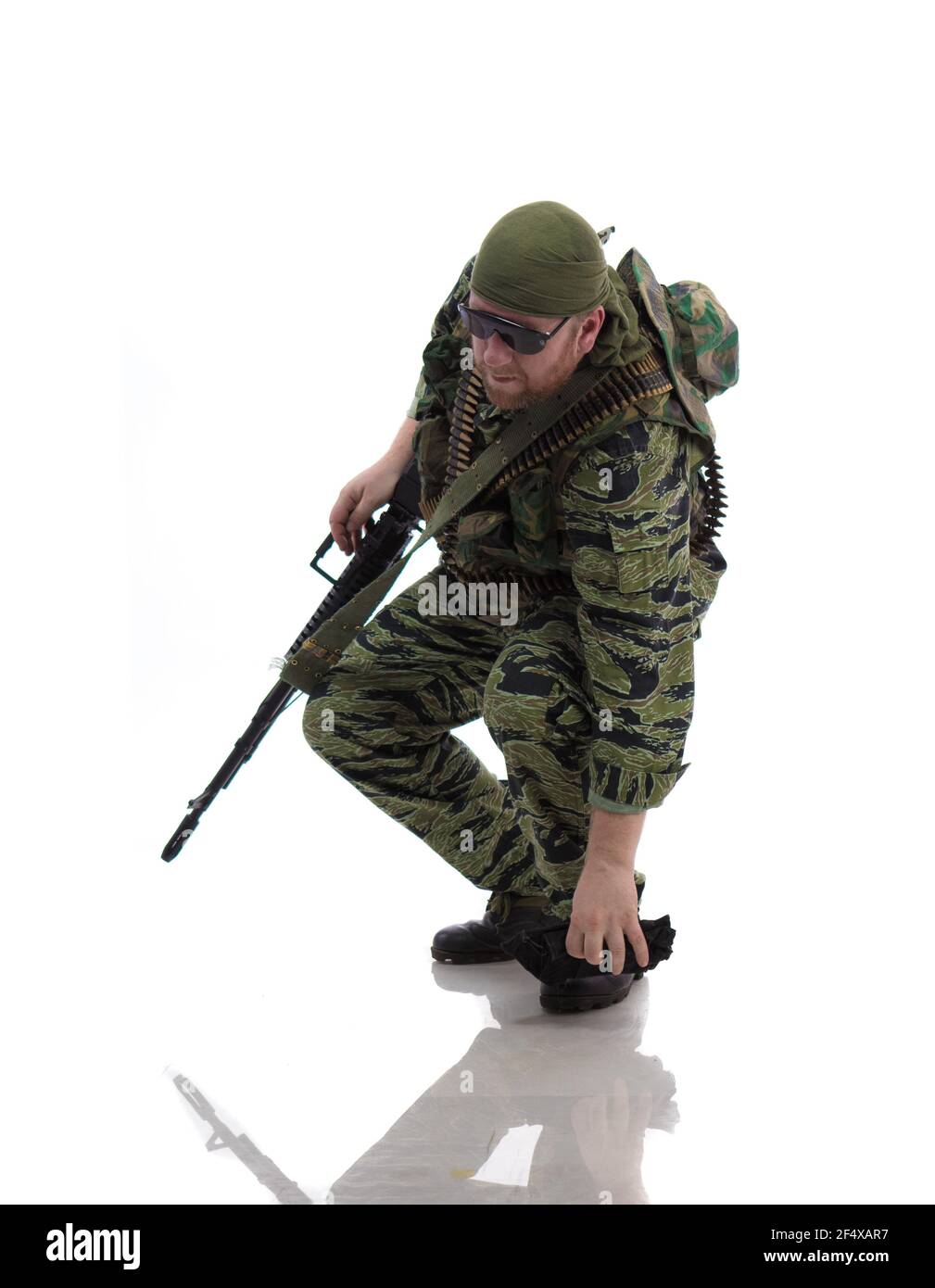 Man actor in the form of an American fur seal posing with a machine gun ...