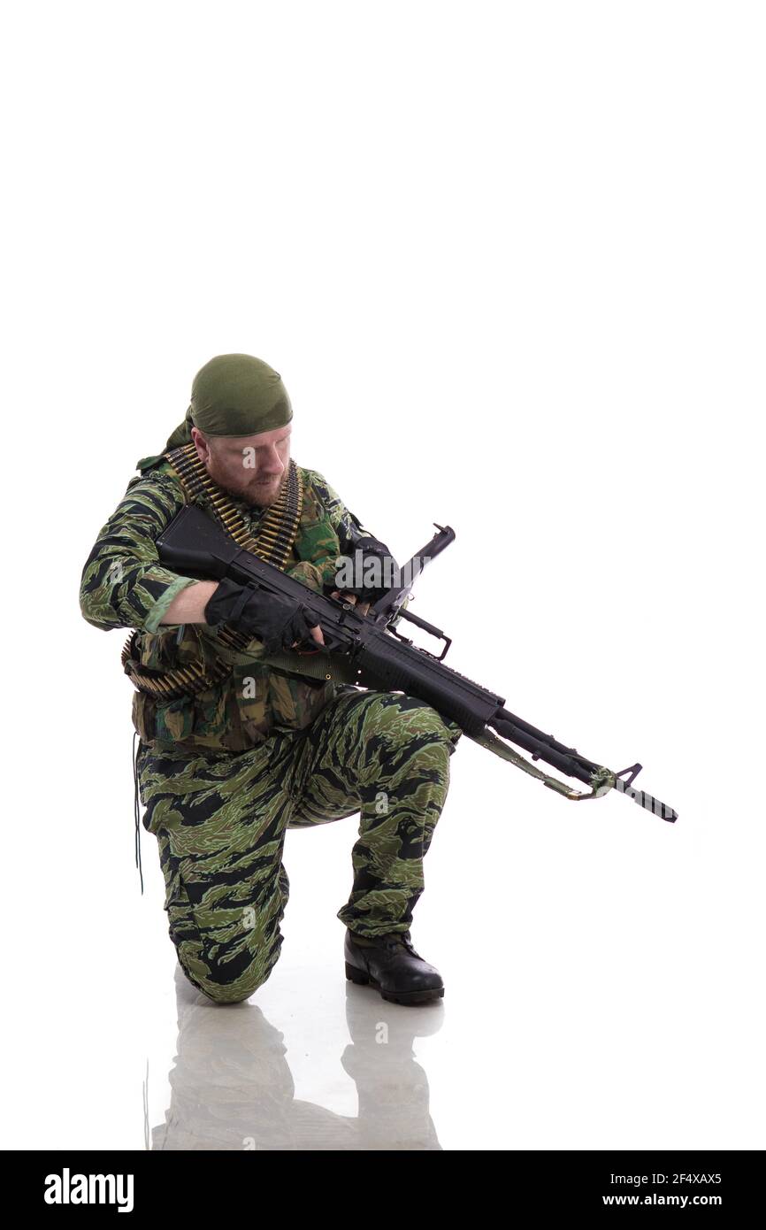 Man actor in the form of an American fur seal posing with a machine gun ...