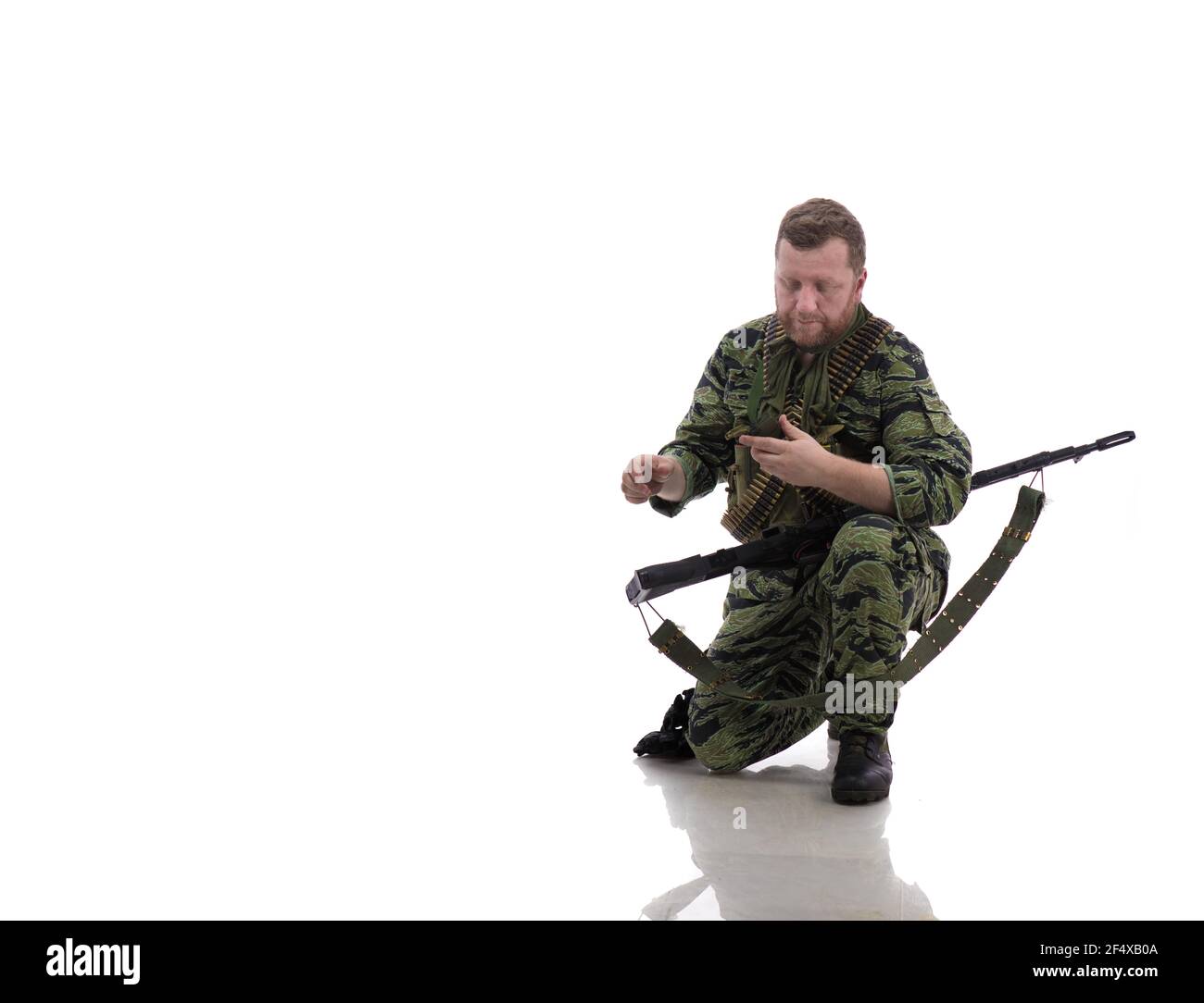 Man actor in the form of an American fur seal posing with a machine gun ...