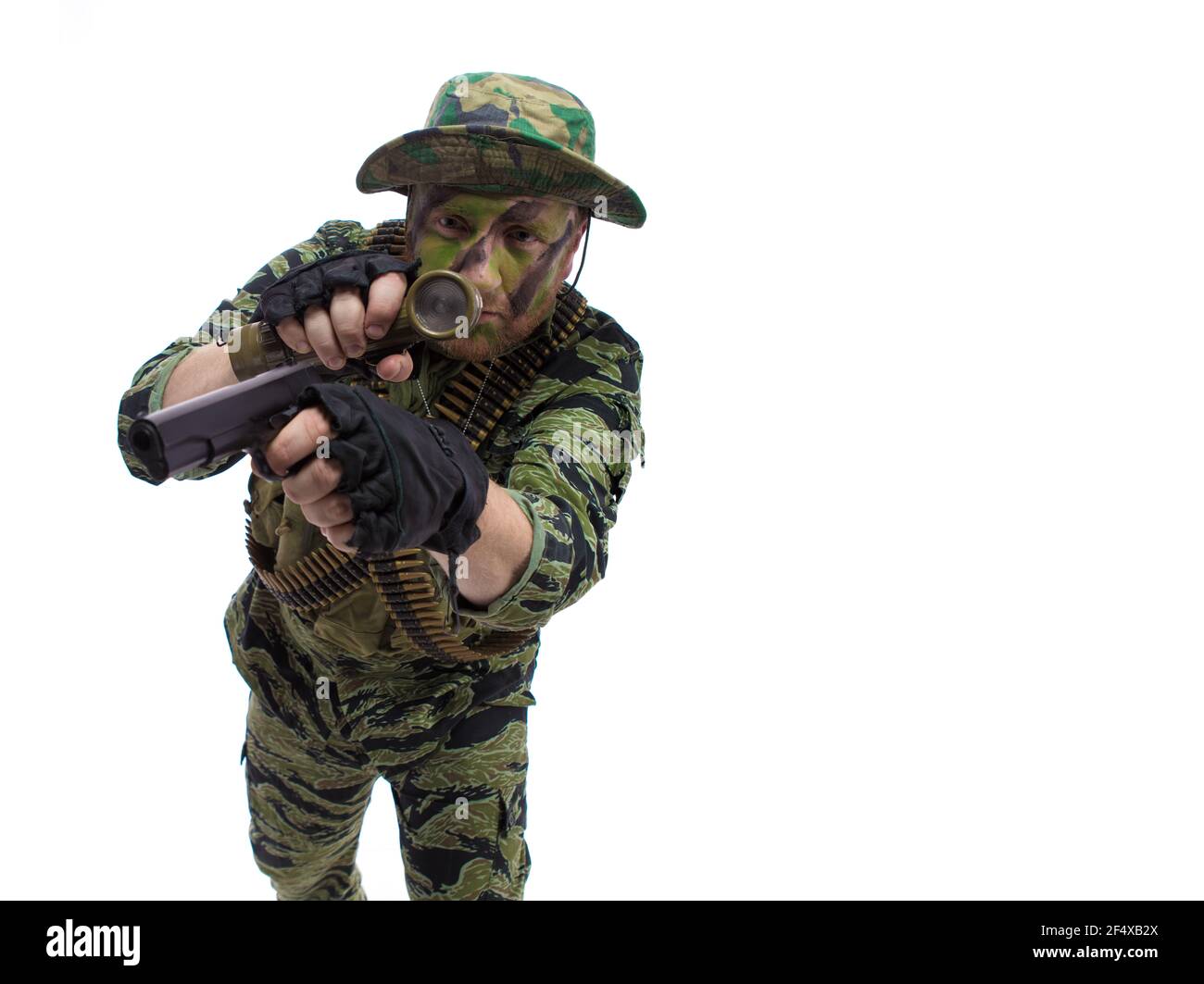 Man actor in the form of an American fur seal posing with a machine gun ...