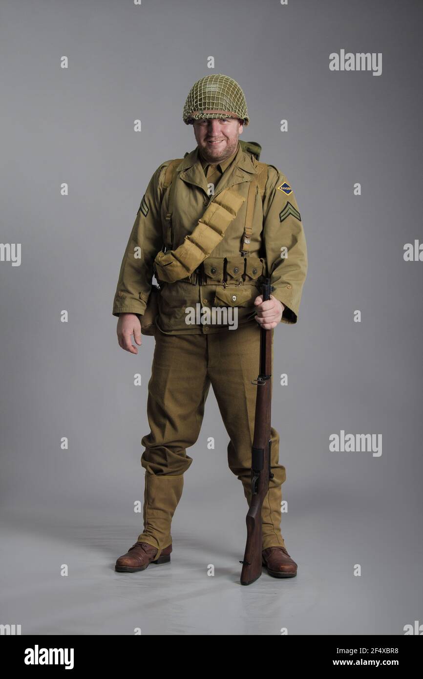 The man is an actor in the military uniform of an American ranger ...