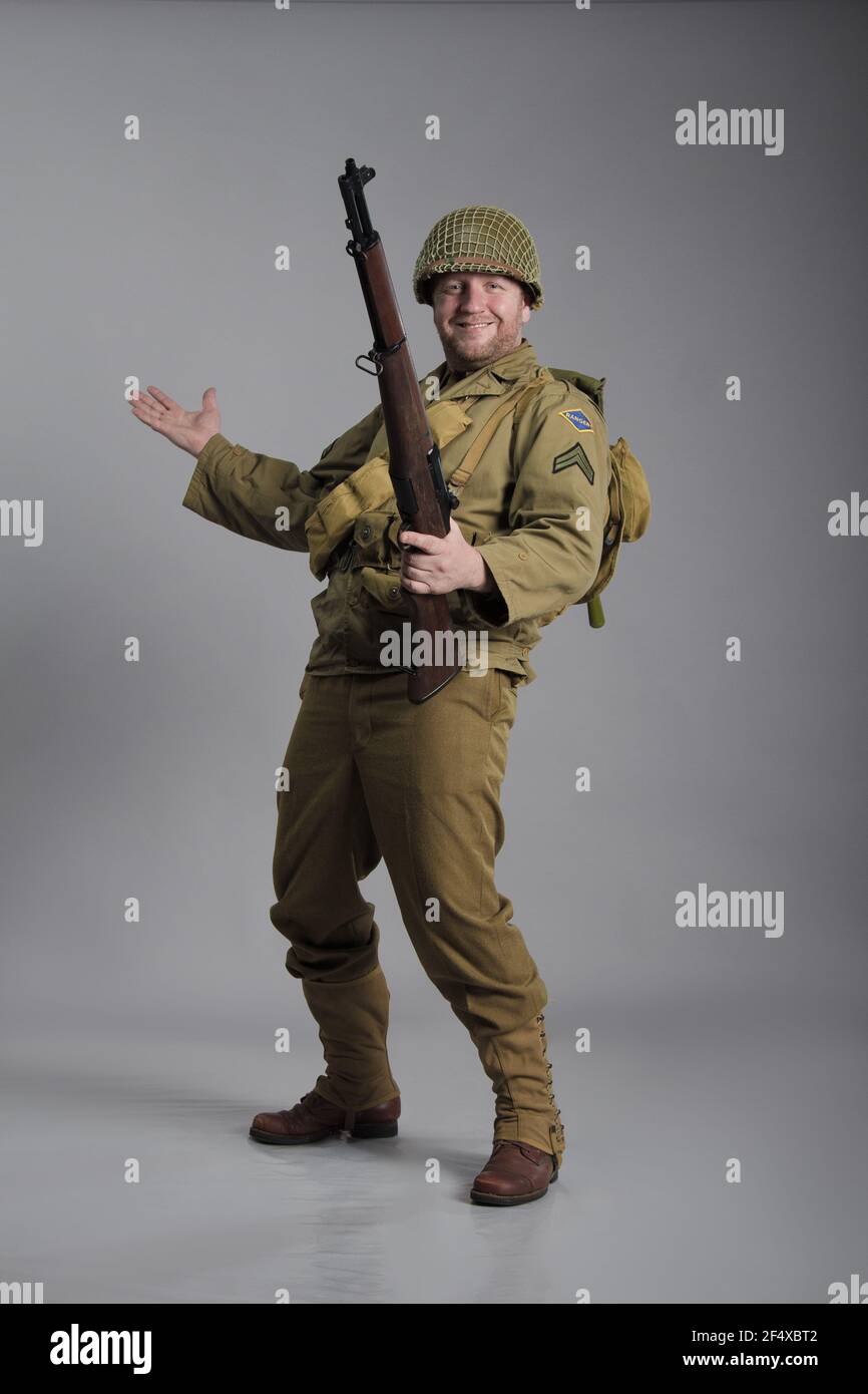 The man is an actor in the military uniform of an American ranger ...