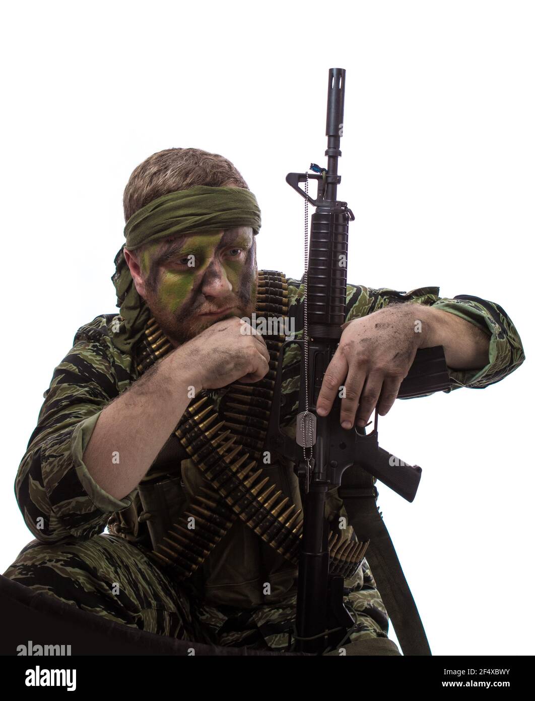 Man actor in the form of an American fur seal posing with a machine gun ...