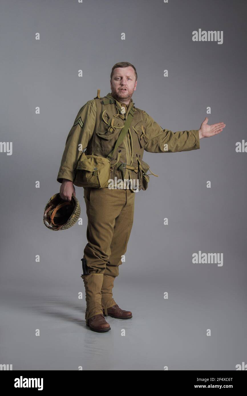 The man is an actor in the military uniform of an American ranger ...