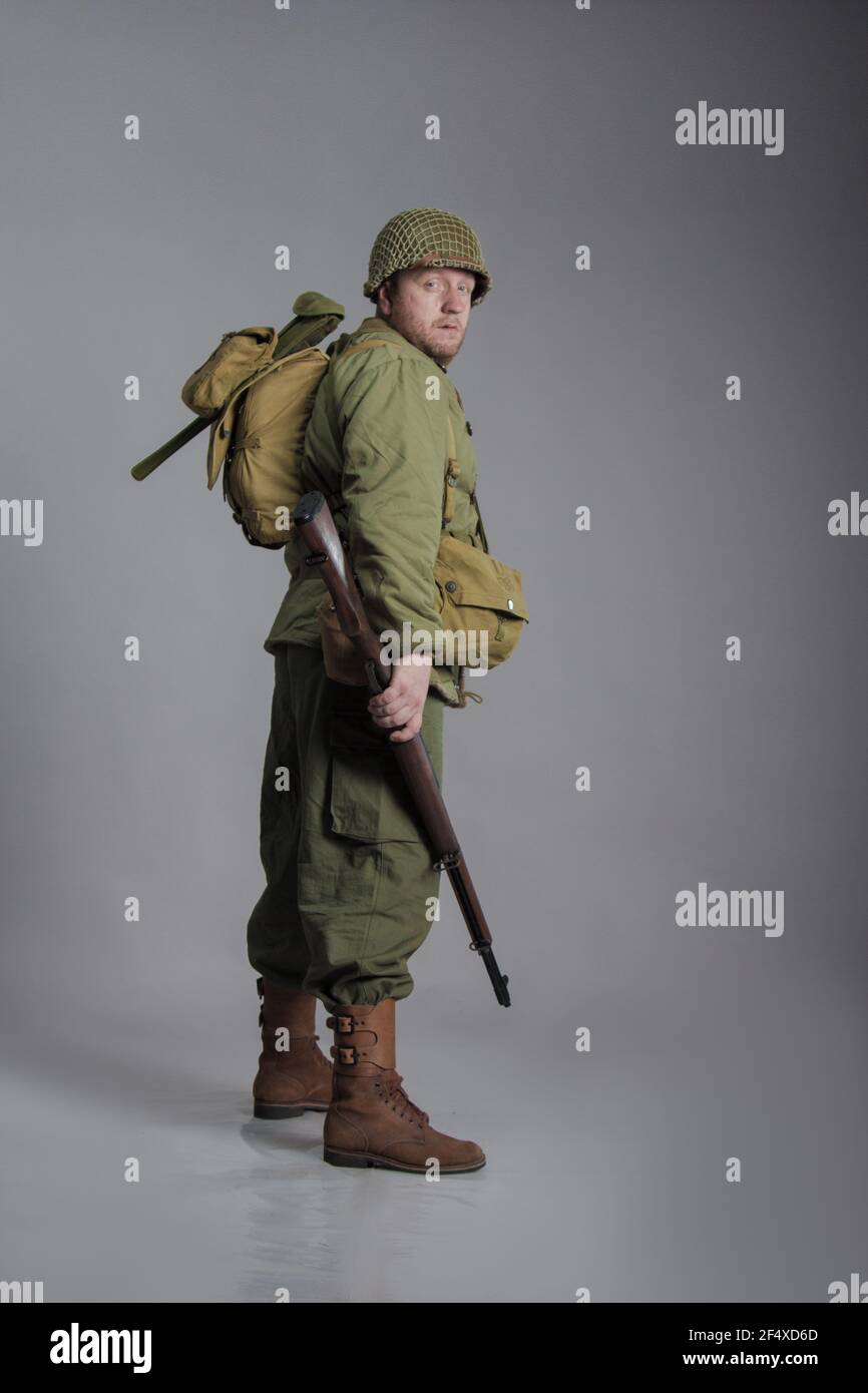 The man is an actor in the military uniform of an American ranger ...