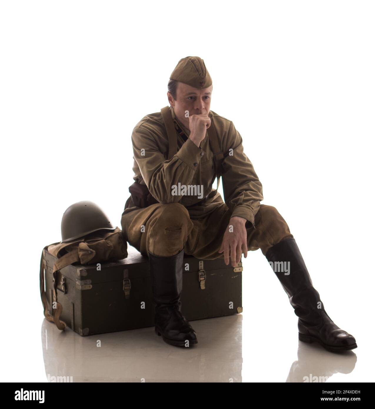 man actor in military uniform of a soldier of the Red Army of times ...