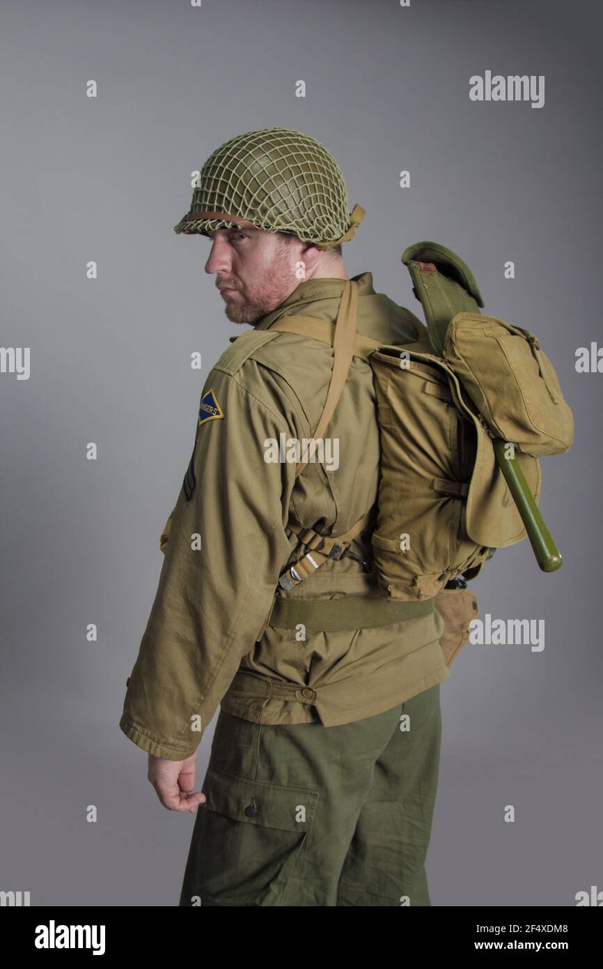 The man is an actor in the military uniform of an American ranger ...