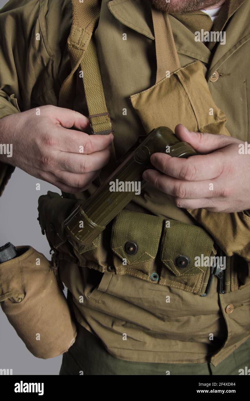 Male artist in military uniform of the American ranger of the period of ...