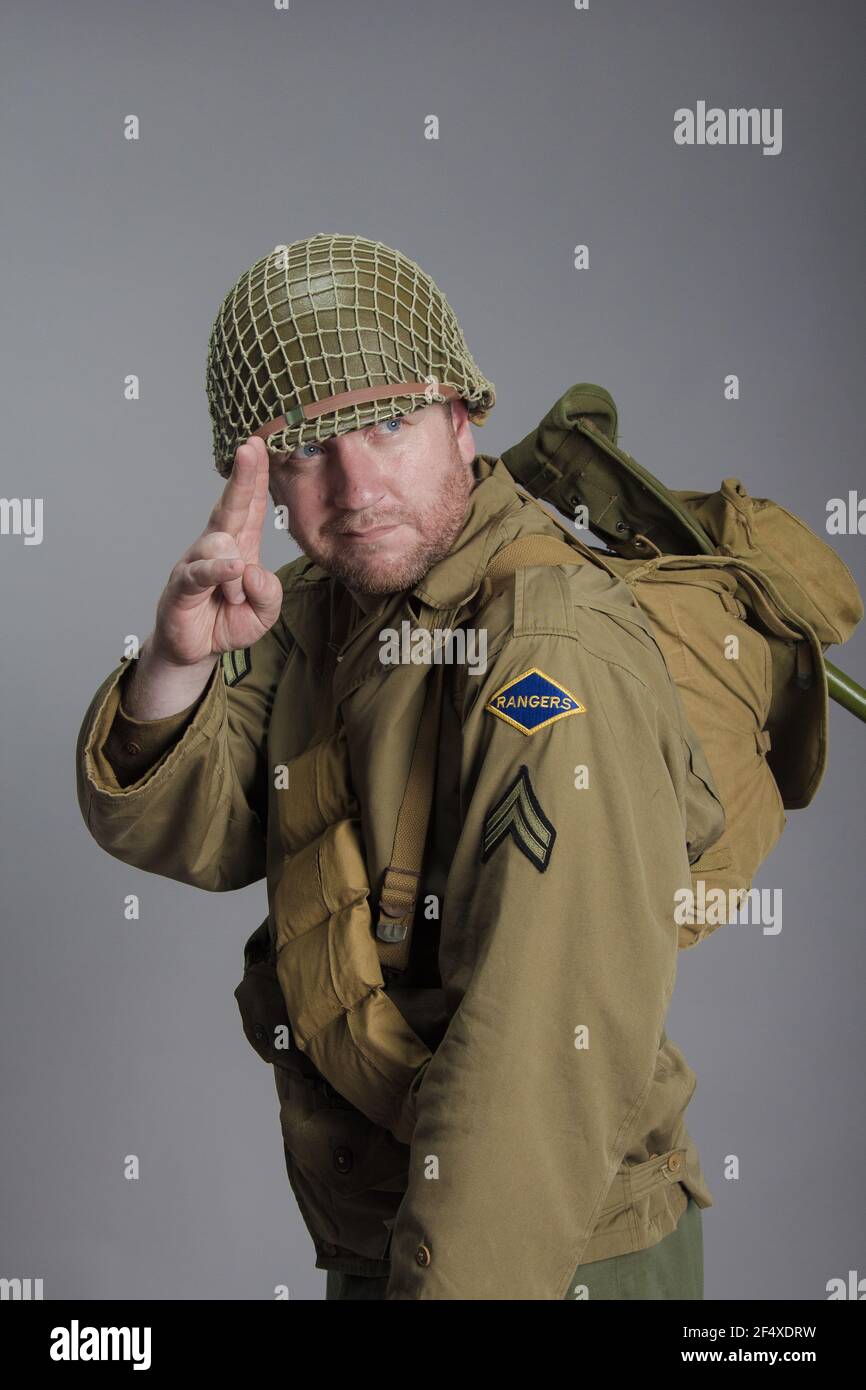 Male artist in military uniform of the American ranger of the period of ...
