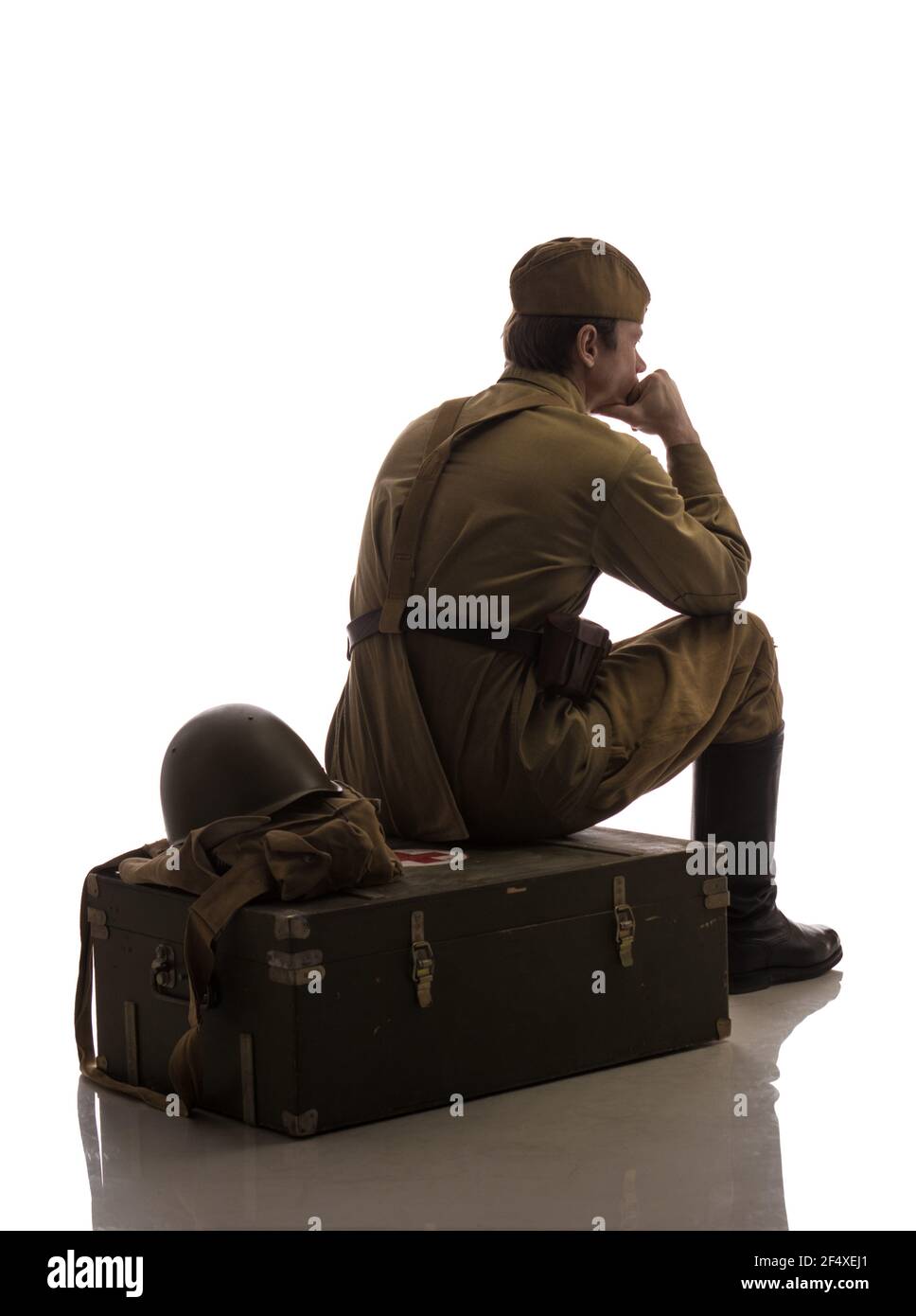 man actor in military uniform of a soldier of the Red Army of times ...