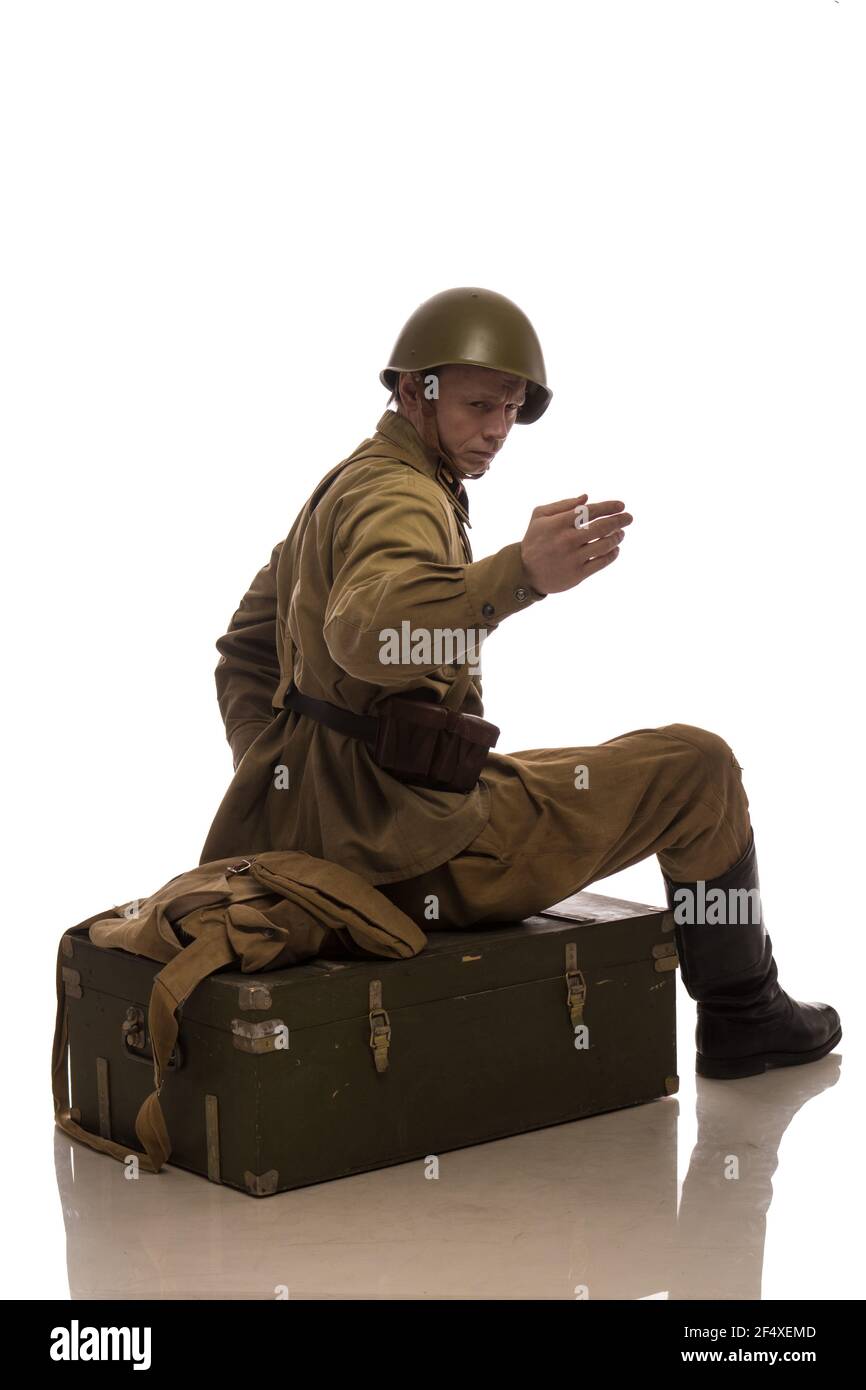 man actor in military uniform of a soldier of the Red Army of times ...