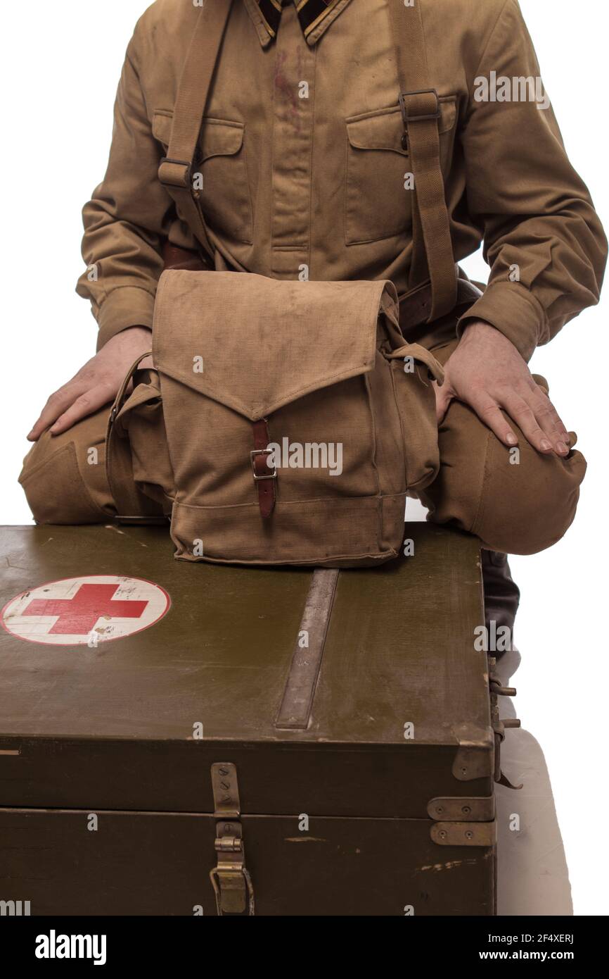 man actor in military uniform of a soldier of the Red Army of times ...