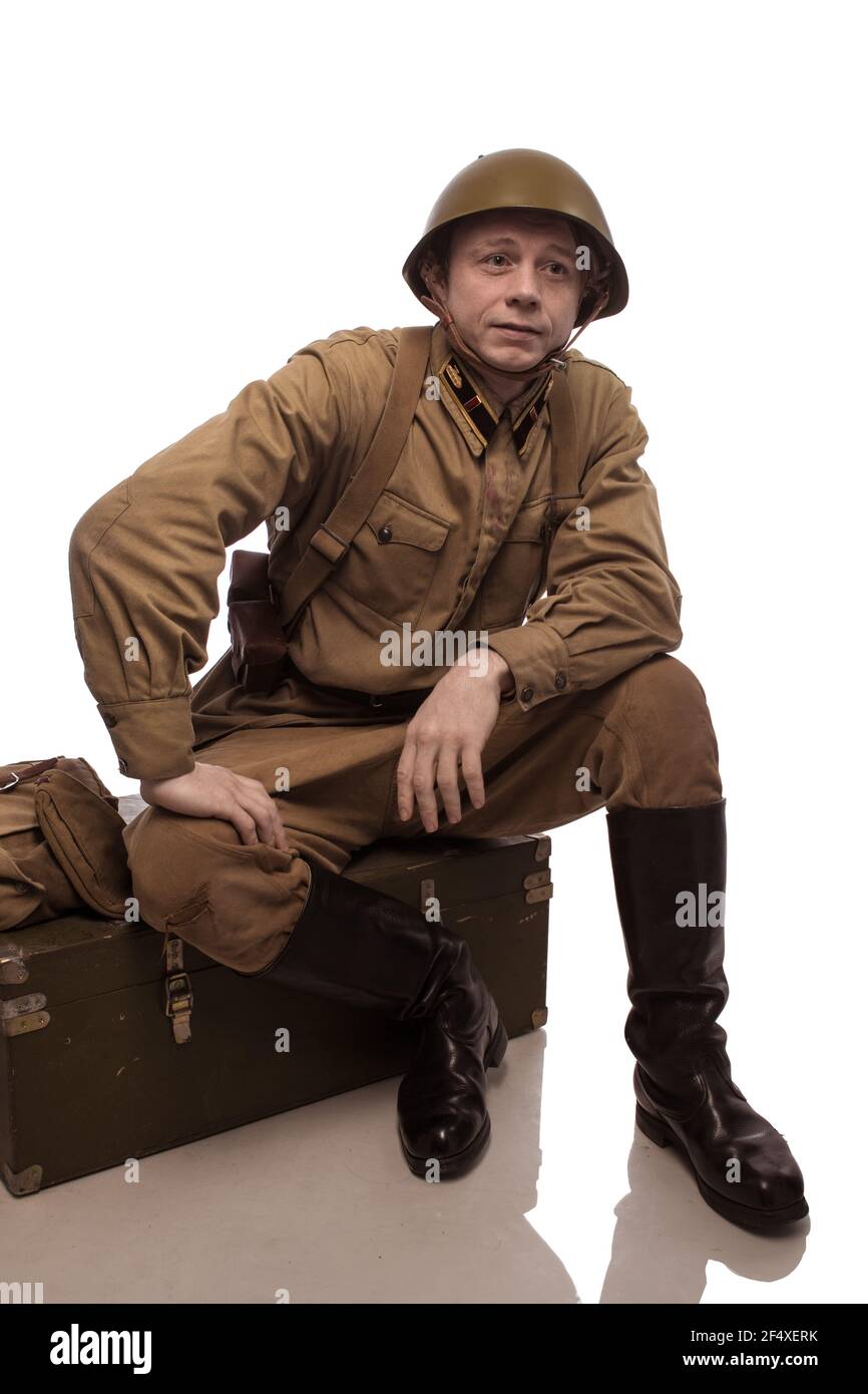 man actor in military uniform of a soldier of the Red Army of times ...