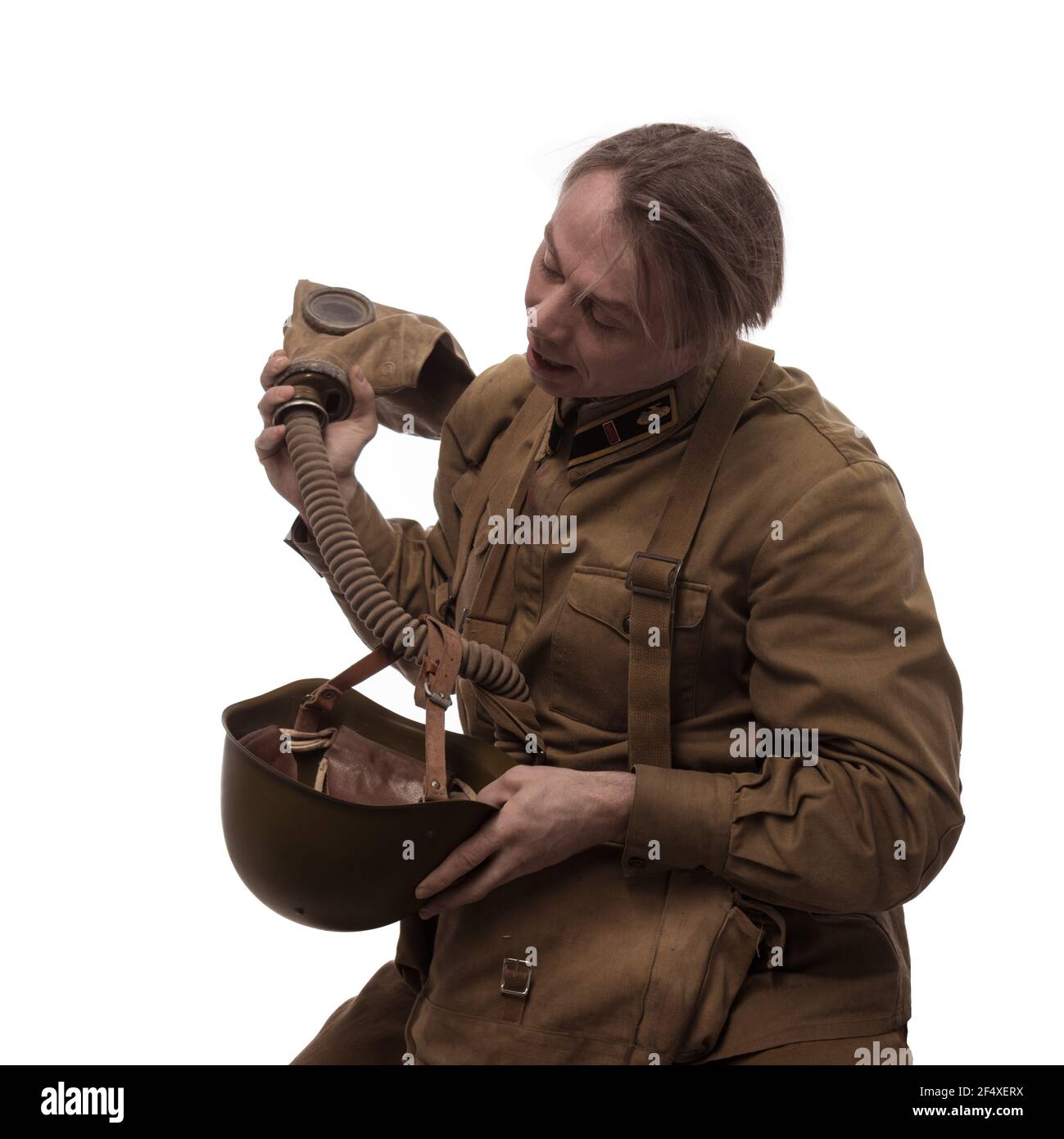 man actor in military uniform of a soldier of the Red Army of times ...