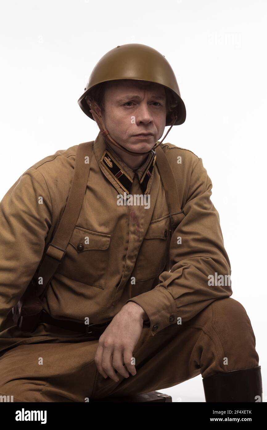 man actor in military uniform of a soldier of the Red Army of times ...