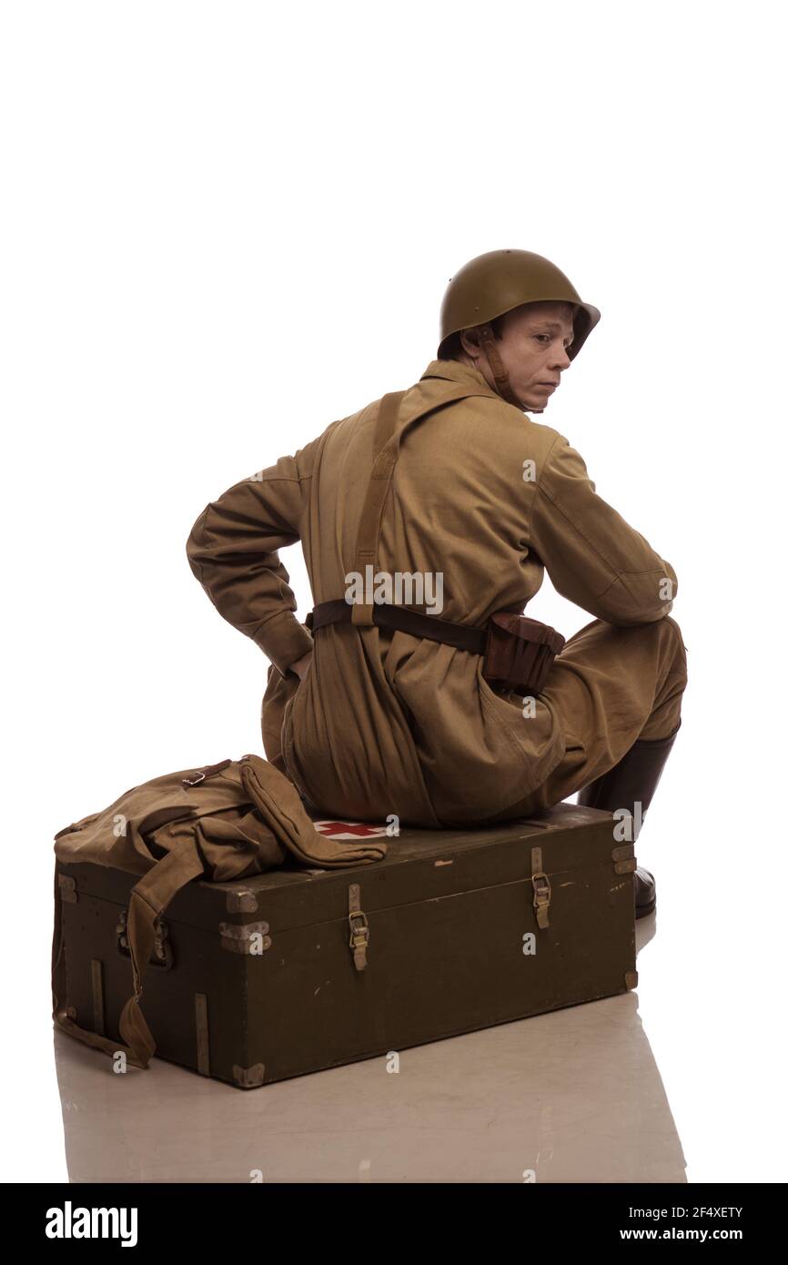 man actor in military uniform of a soldier of the Red Army of times ...