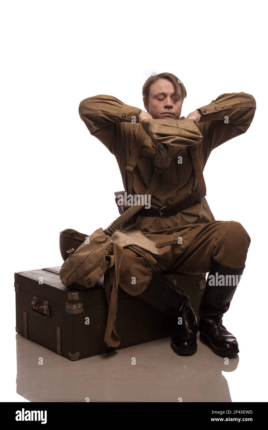 man actor in military uniform of a soldier of the Red Army of times ...