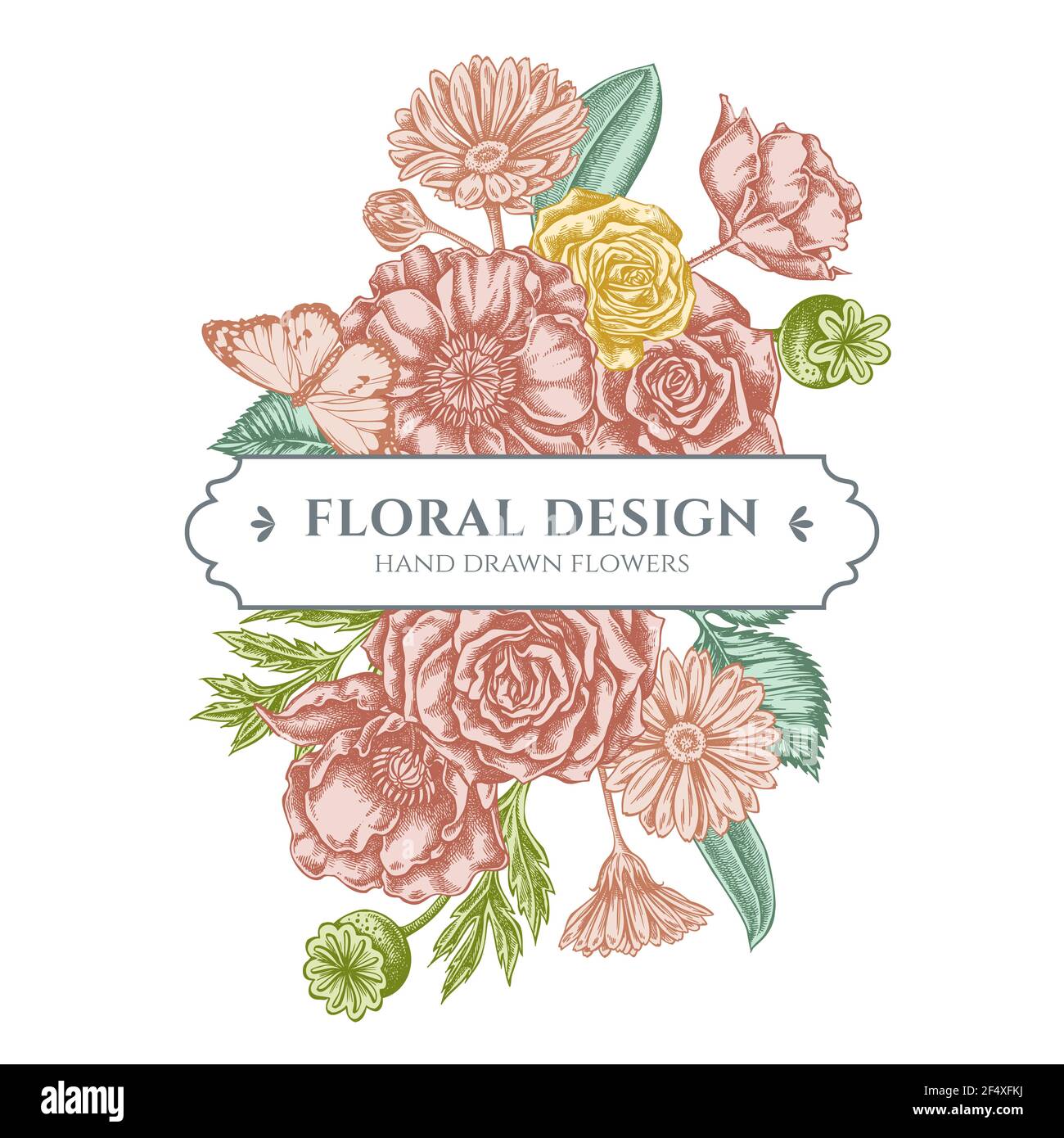 Floral bouquet design with pastel poppy flower, calendula, plain tiger ...