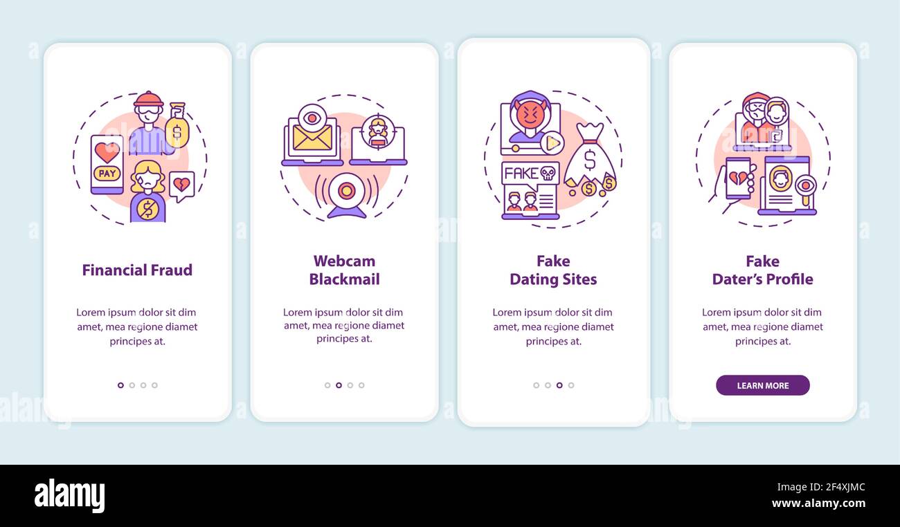 Online dating risks website onboarding mobile app page screen with ...