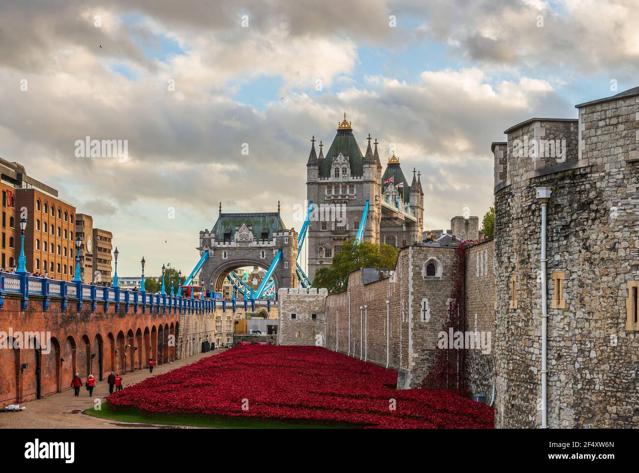 Ceramic poppies along the walls of the famous Tower of London and Tower ...