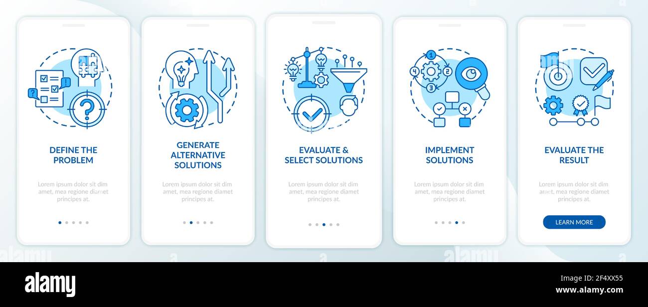 Problem solving steps blue onboarding mobile app page screen with ...