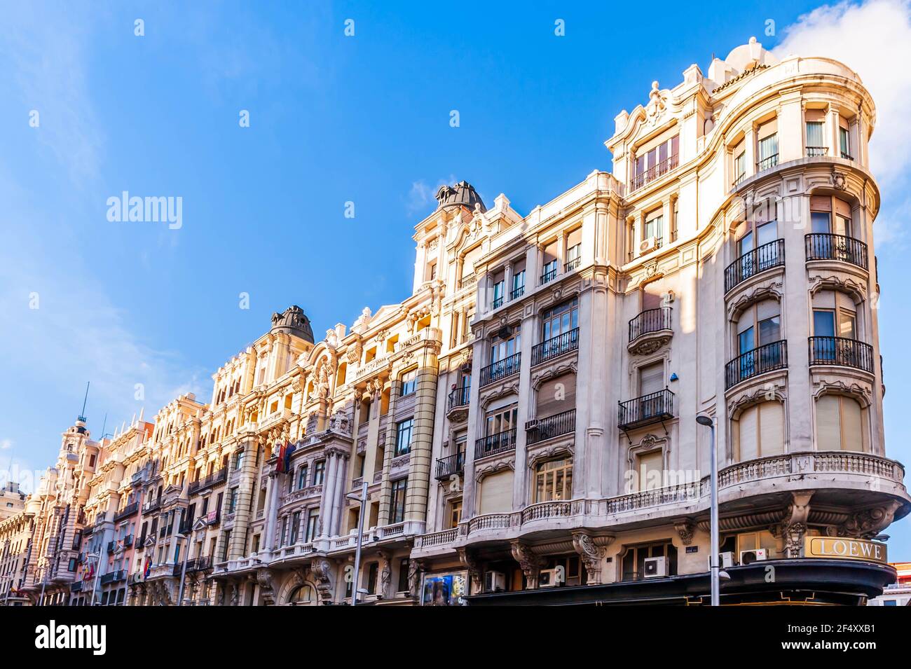Facades of buildings on the Gran Via in Madrid in Castile, Spain Stock ...