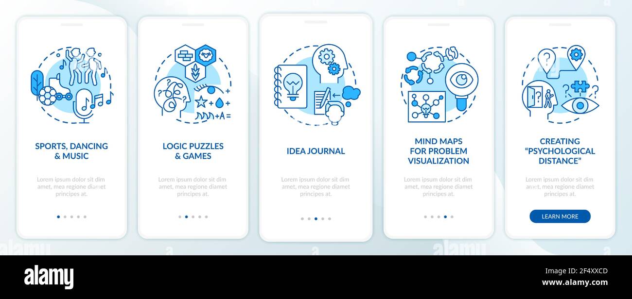 Boosting Problem Solving Skills Tips Blue Onboarding Mobile App Page Screen With Concepts Stock