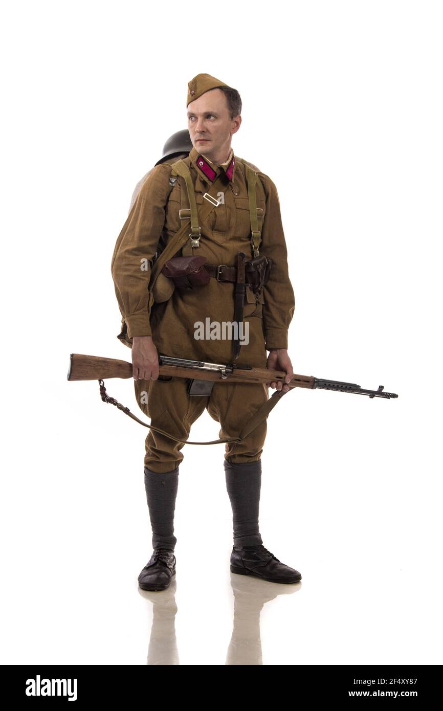 Male actor in the form of ordinary soldiers of the Russian army in the ...