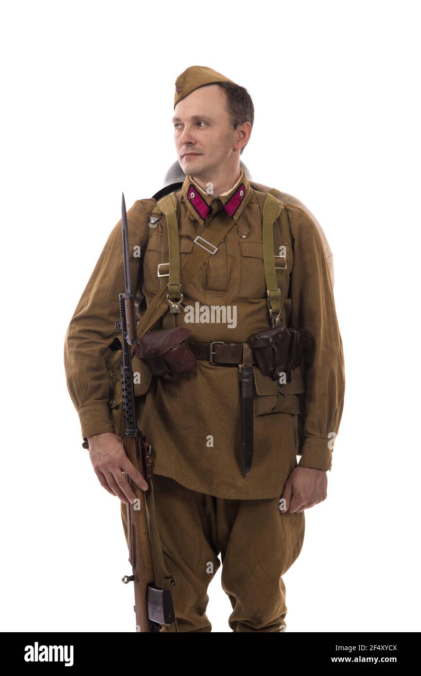 Male actor in the form of ordinary soldiers of the Russian army in the ...