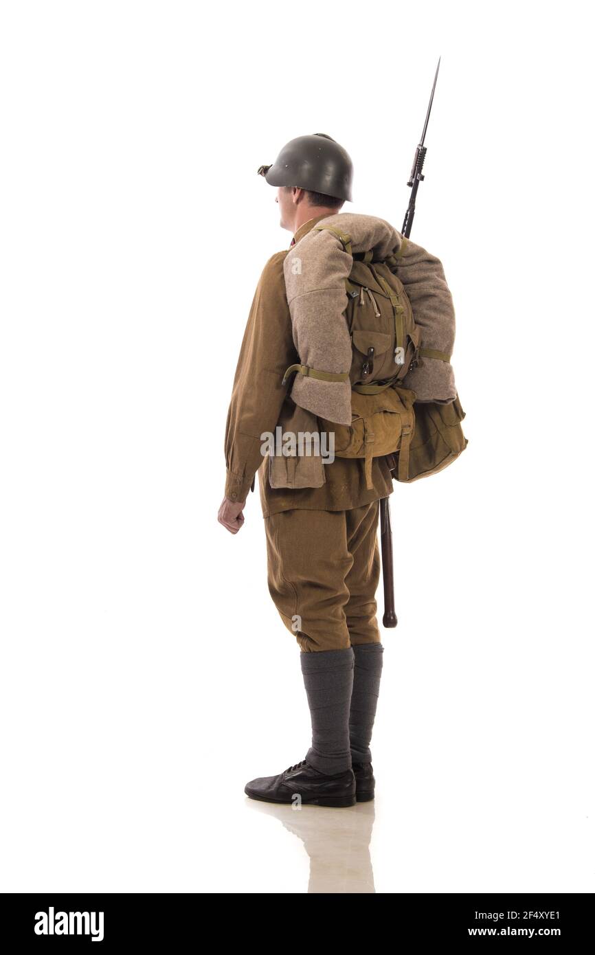 Male actor in the form of ordinary soldiers of the Russian army in the ...