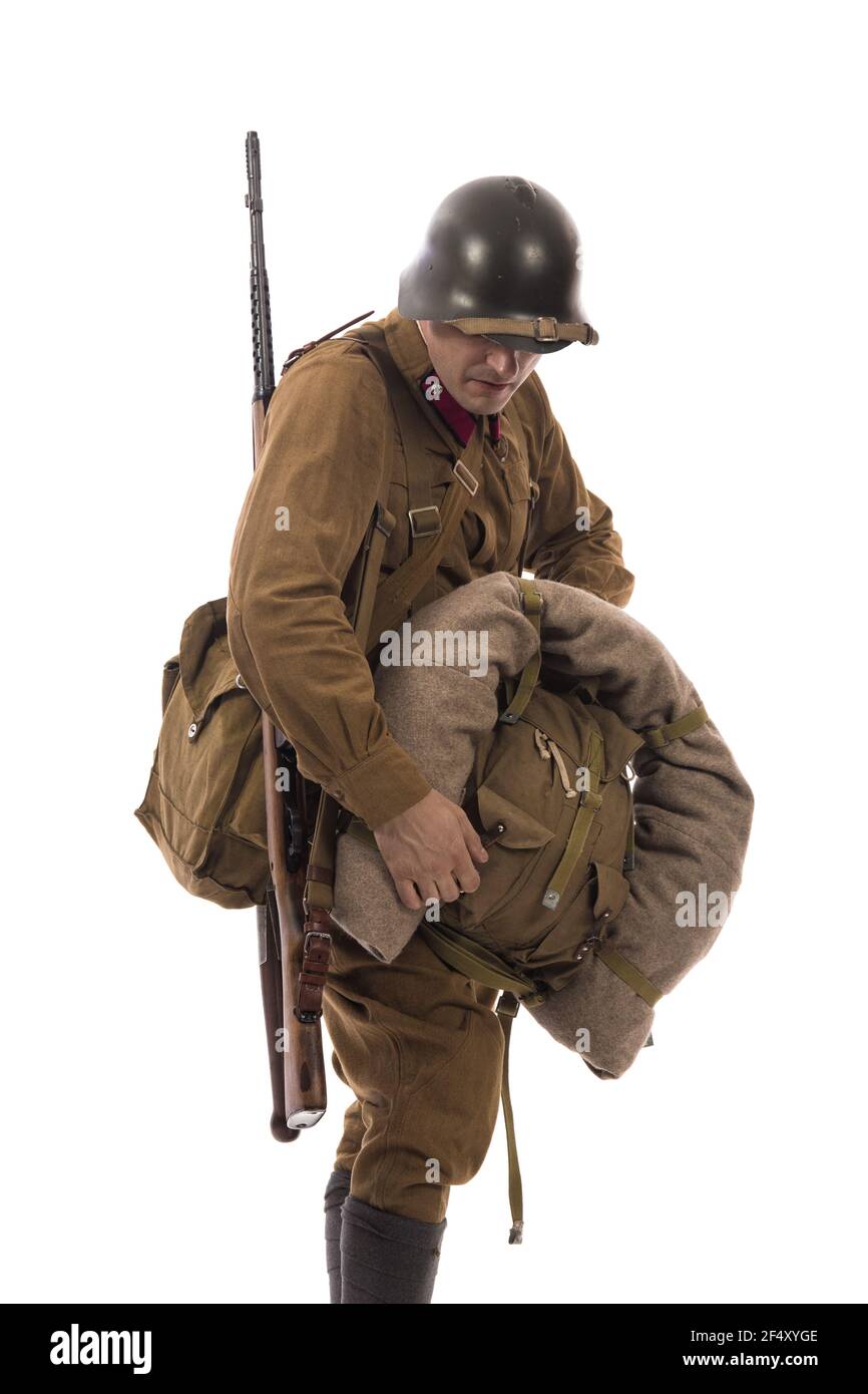 Male actor in uniform and helmet of ordinary soldiers of the Russian ...