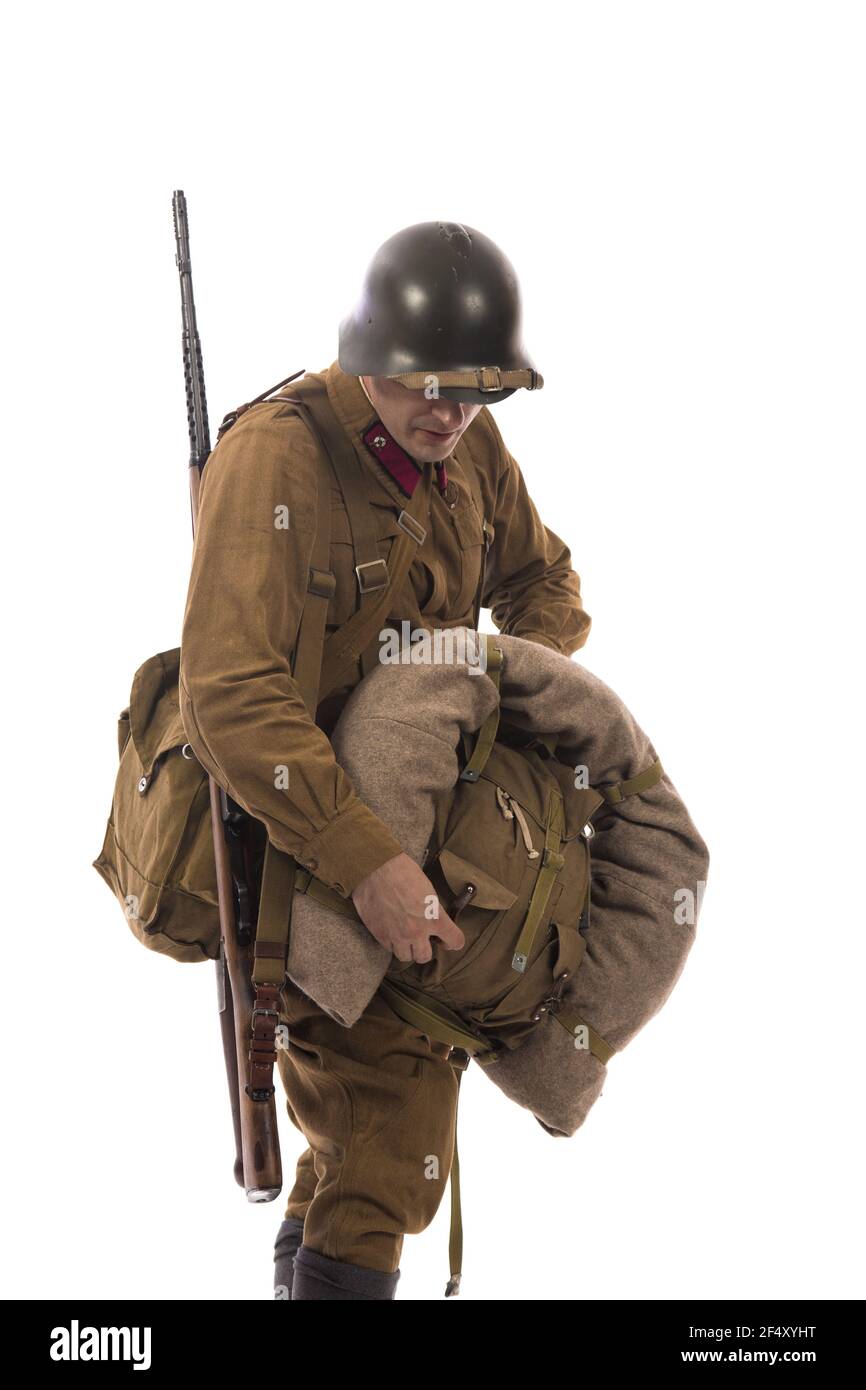 Male actor in uniform and helmet of ordinary soldiers of the Russian ...