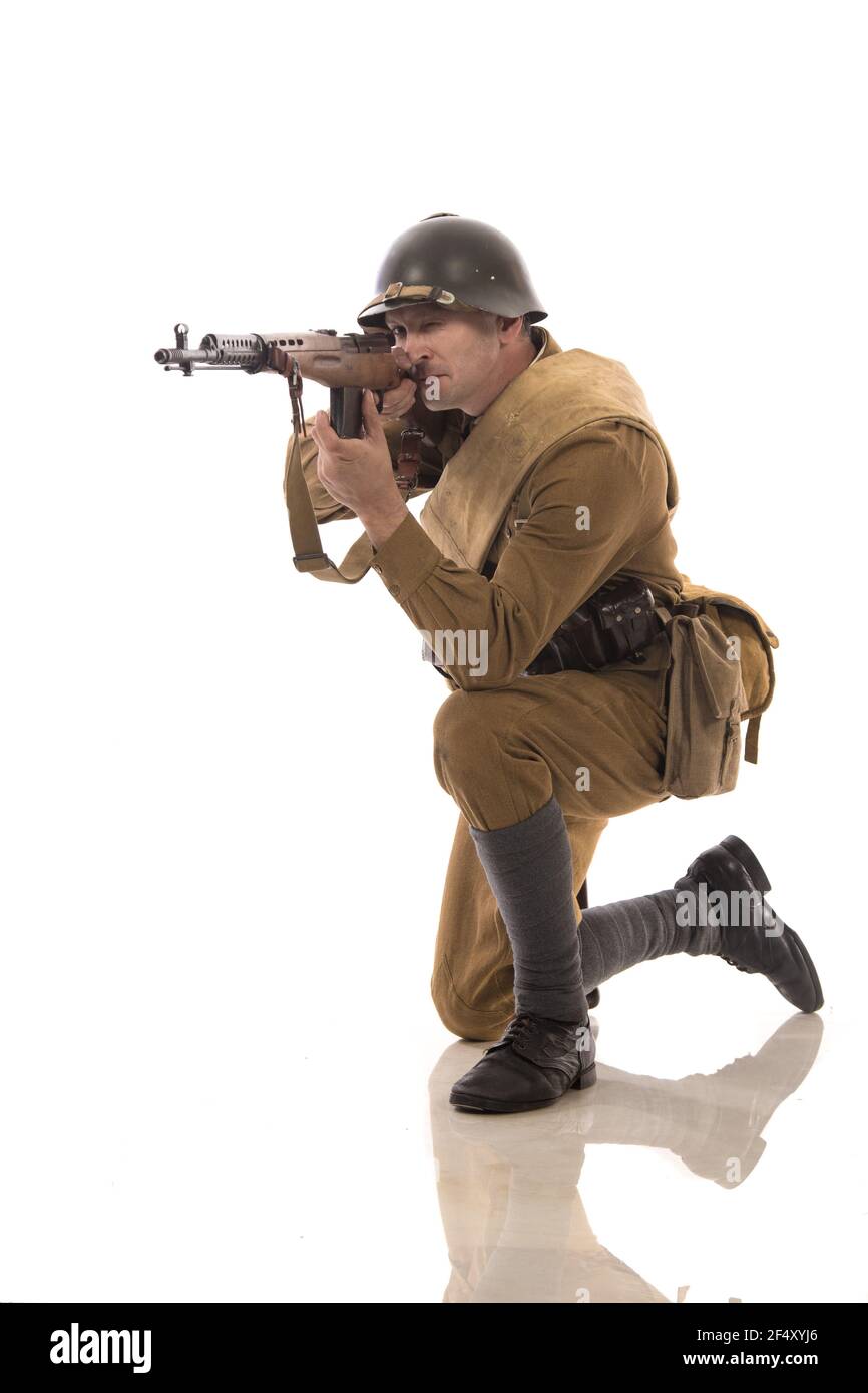 Male actor in uniform and helmet of ordinary soldiers of the Russian ...