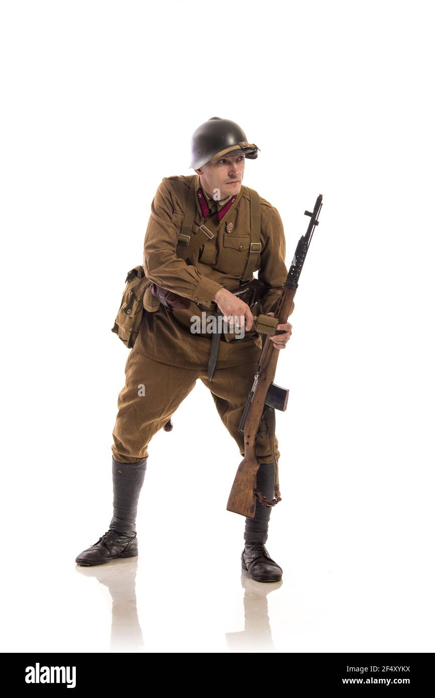 Male actor in uniform and helmet of ordinary soldiers of the Russian ...