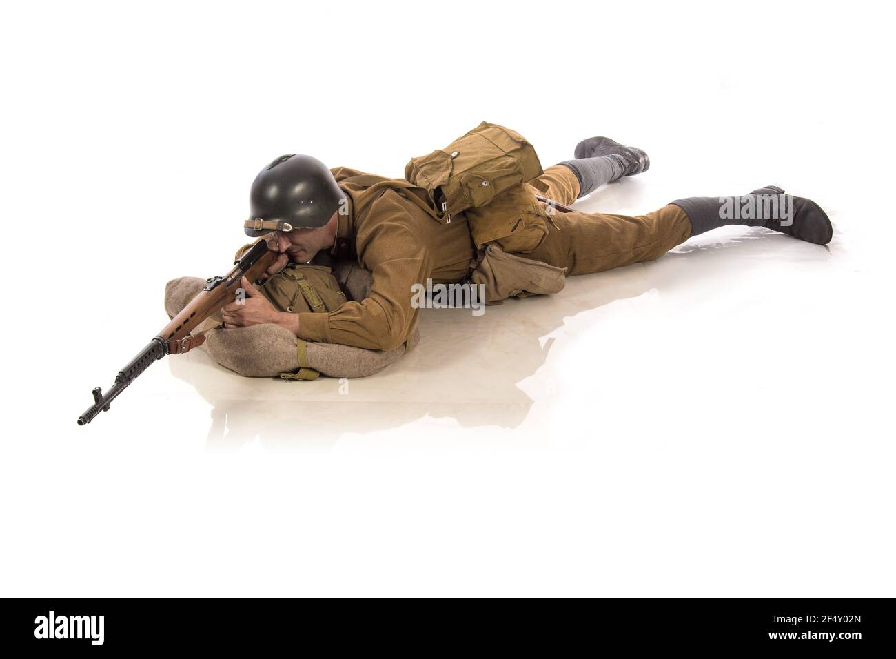 Male actor in uniform and helmet of ordinary soldiers of the Russian ...