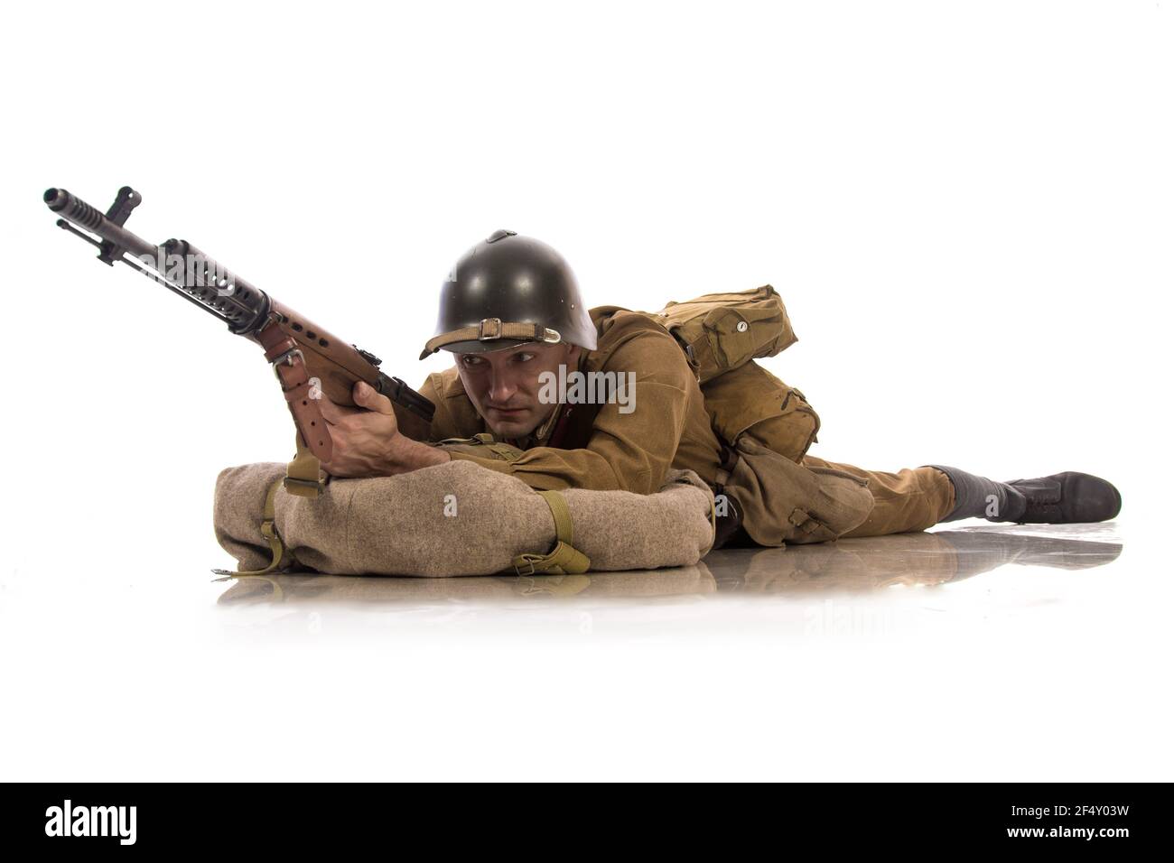 Male actor in uniform and helmet of ordinary soldiers of the Russian ...
