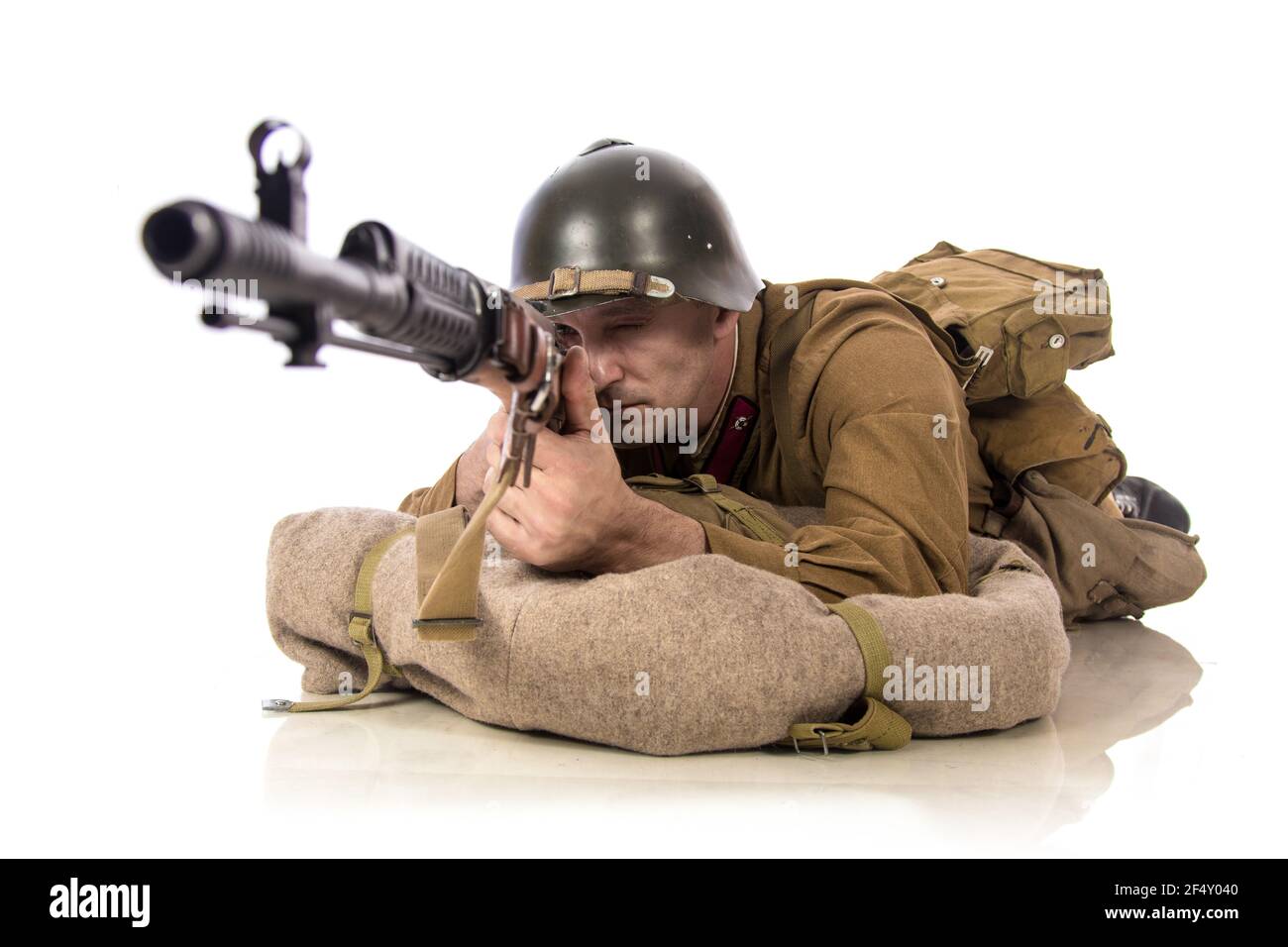 Male actor in uniform and helmet of ordinary soldiers of the Russian ...