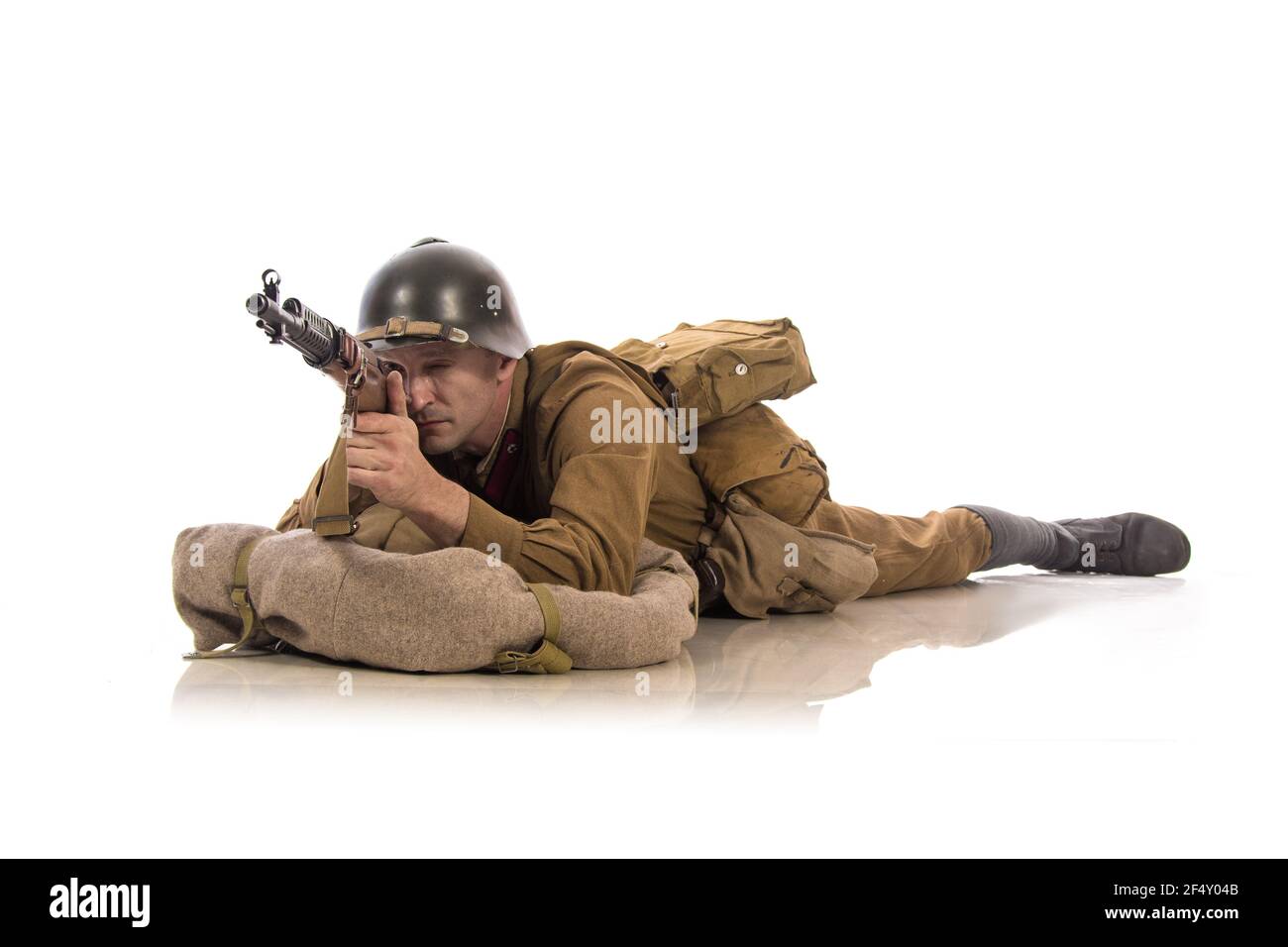 Male actor in uniform and helmet of ordinary soldiers of the Russian ...