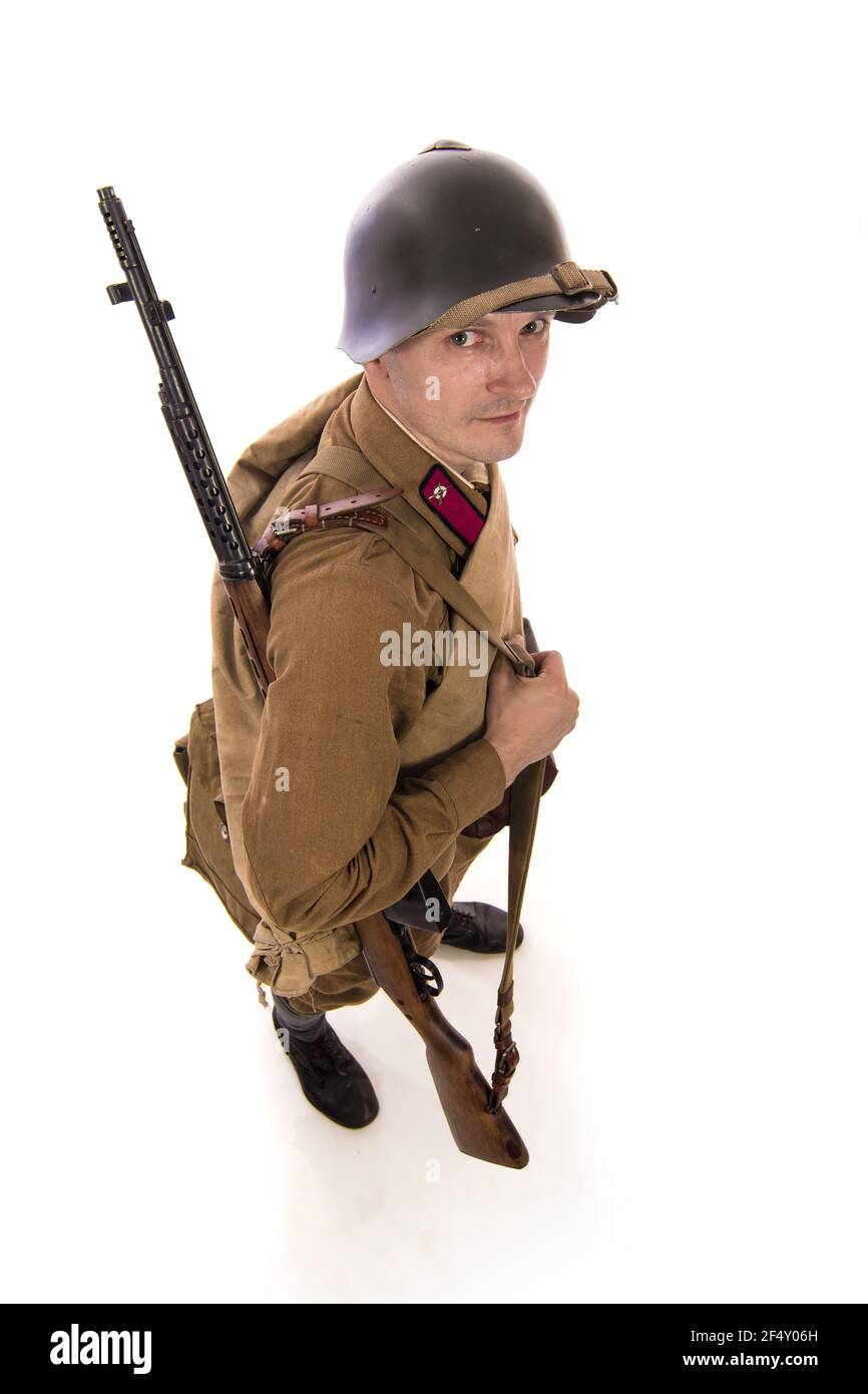 Male actor in the form of ordinary soldiers of the Russian army in the ...