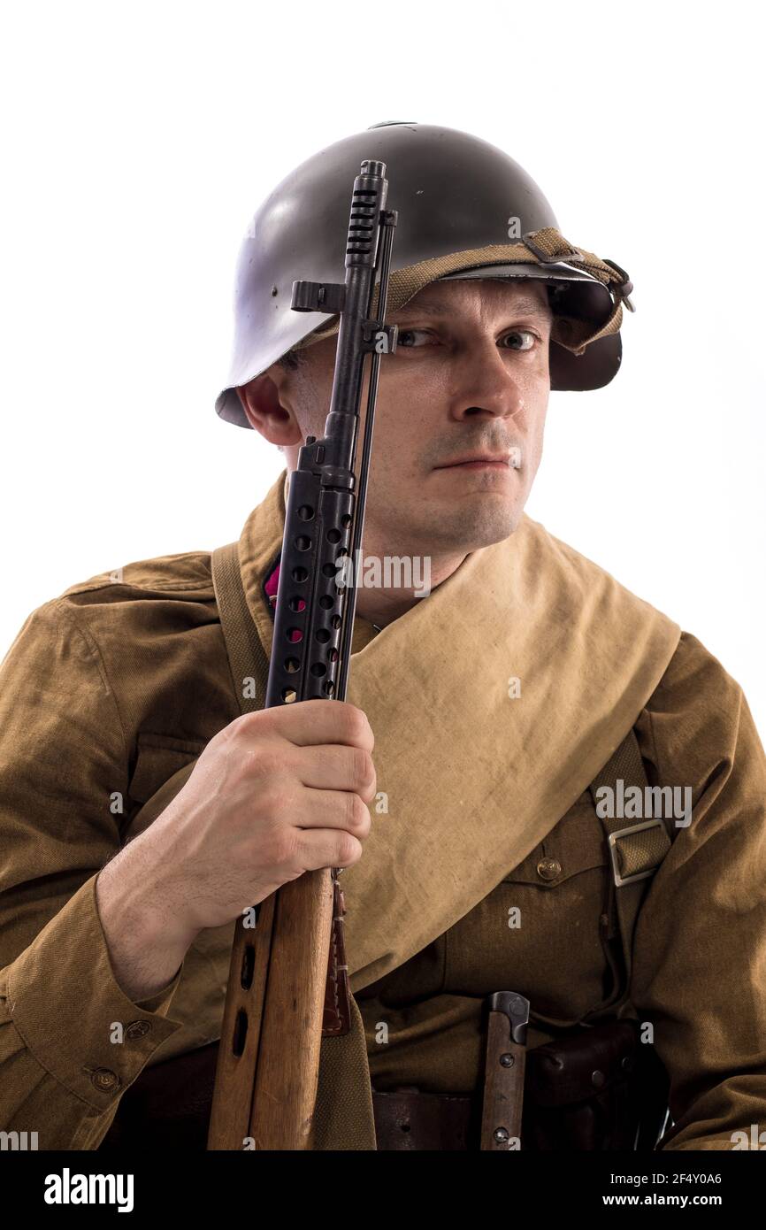 Male actor in the form of ordinary soldiers of the Russian army in the ...