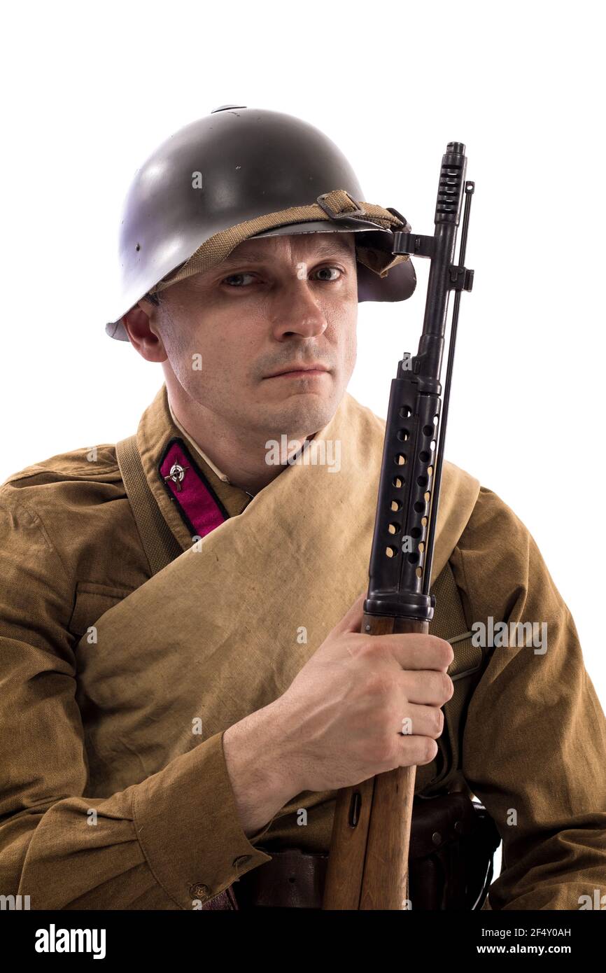 Male actor in the form of ordinary soldiers of the Russian army in the ...