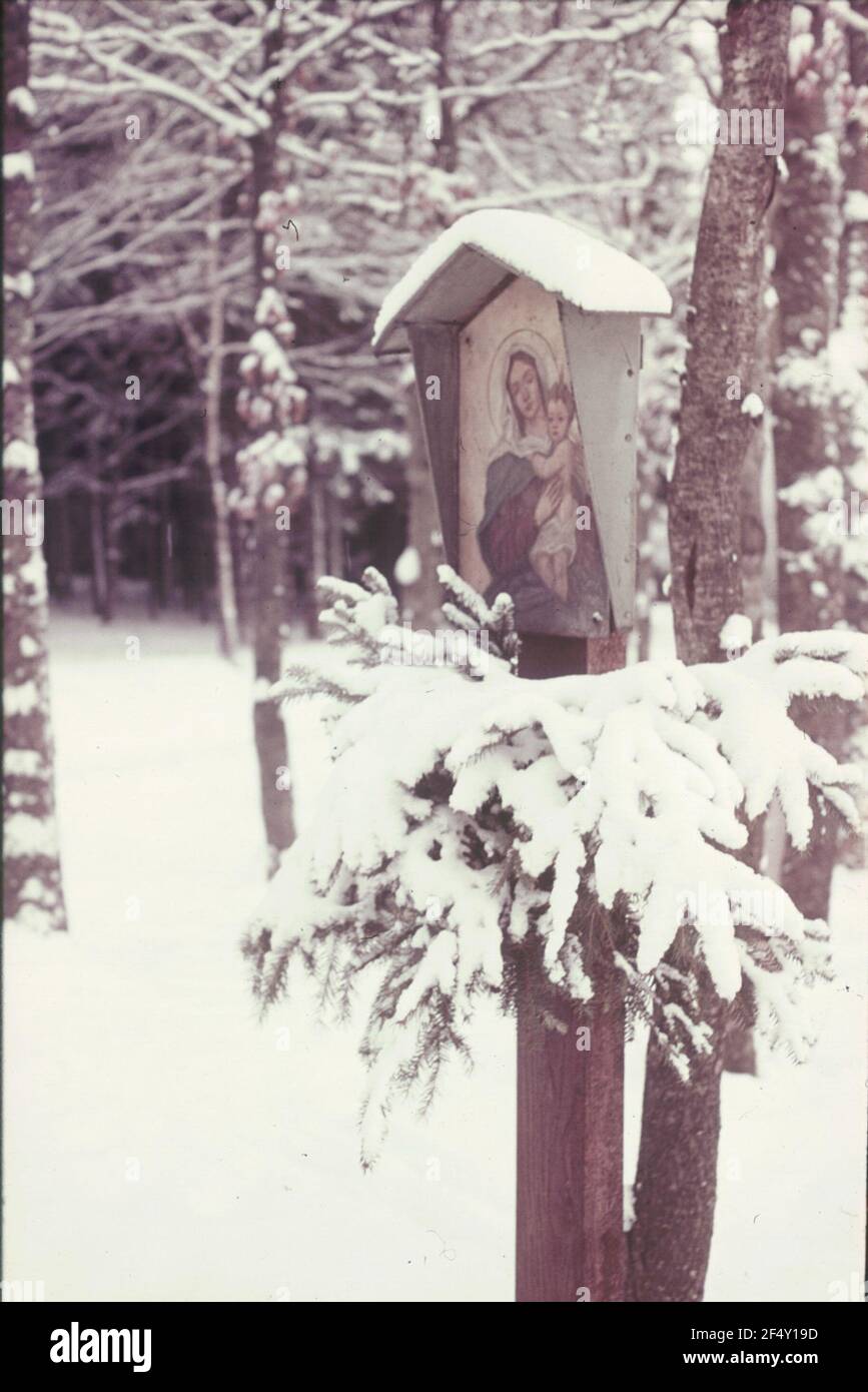 Germany. Wooden Bildstock (Materl) with painted Maria and the Jesus ...