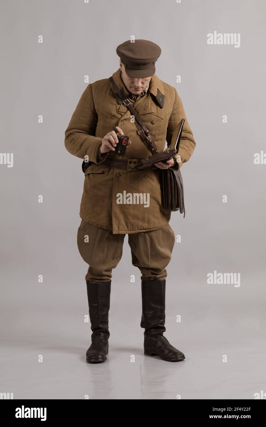 male actor in the winter uniform of an officer of the Red Army period ...