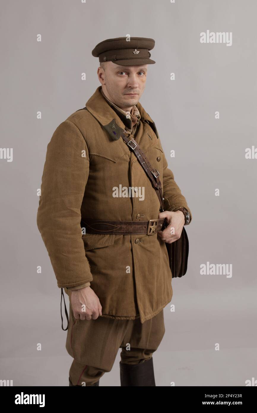 male actor in the winter uniform of an officer of the Red Army period ...
