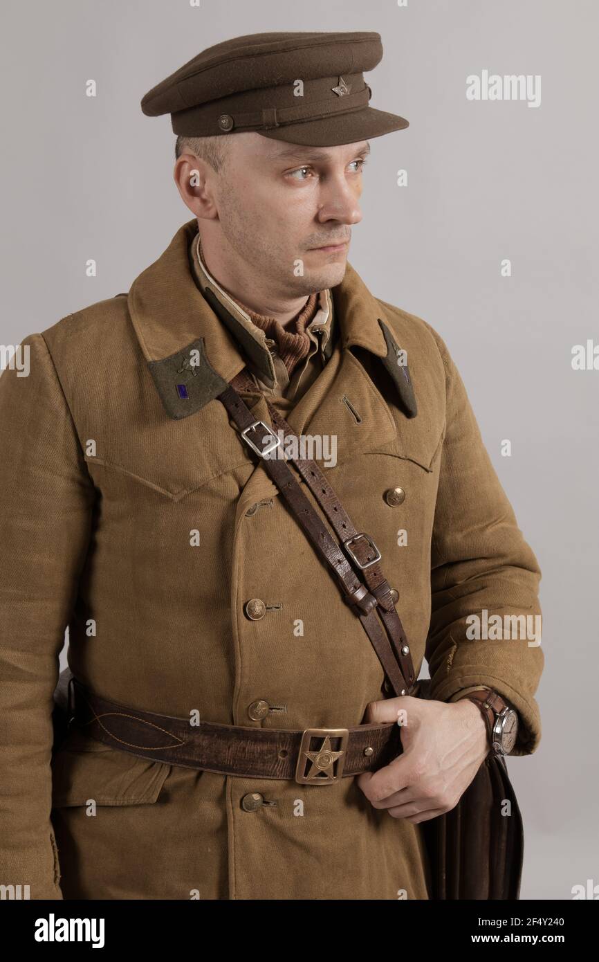 male actor in the winter uniform of an officer of the Red Army period ...